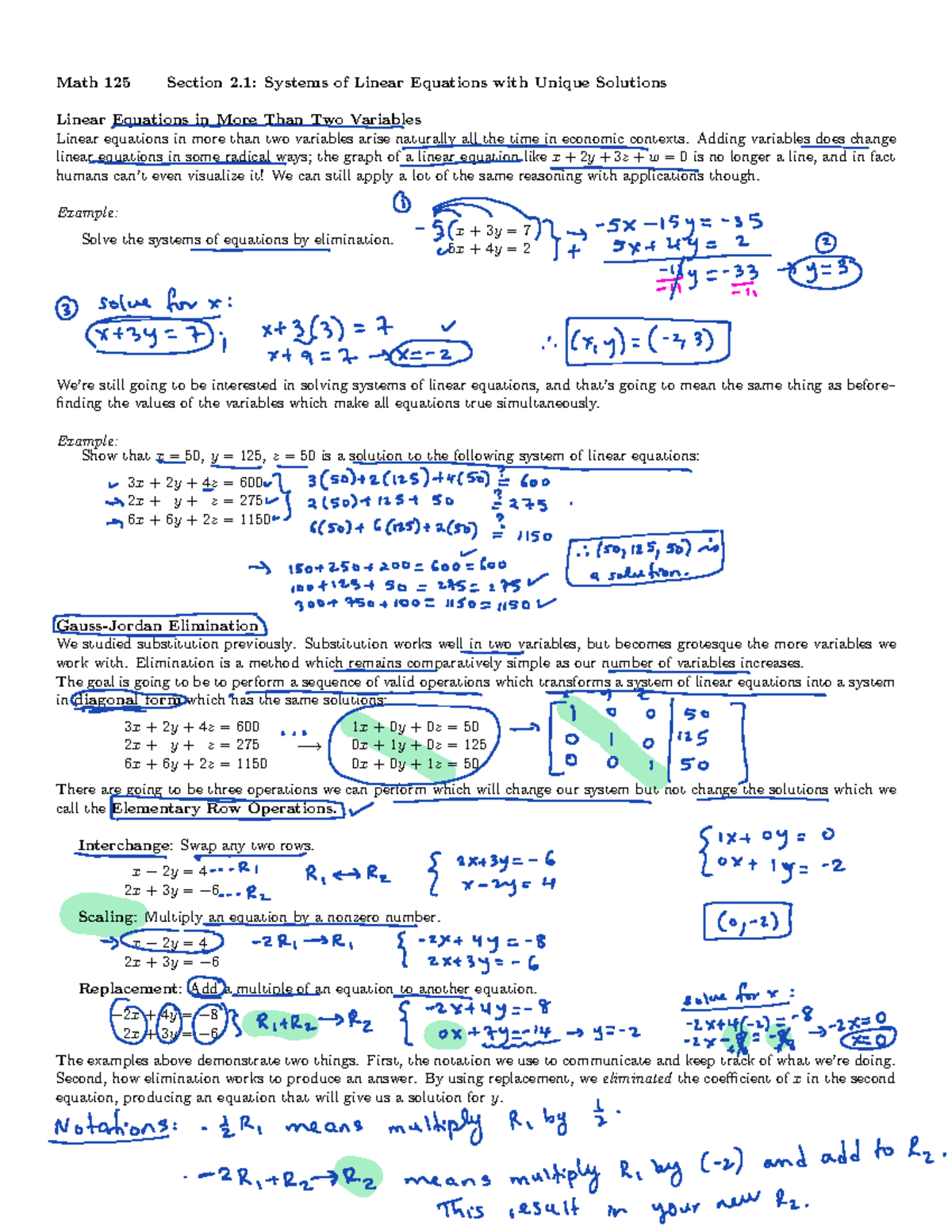 Math 125 LS 2.1 Solutions - Math 125 Section 2: Systems of Linear Equations with Unique ...