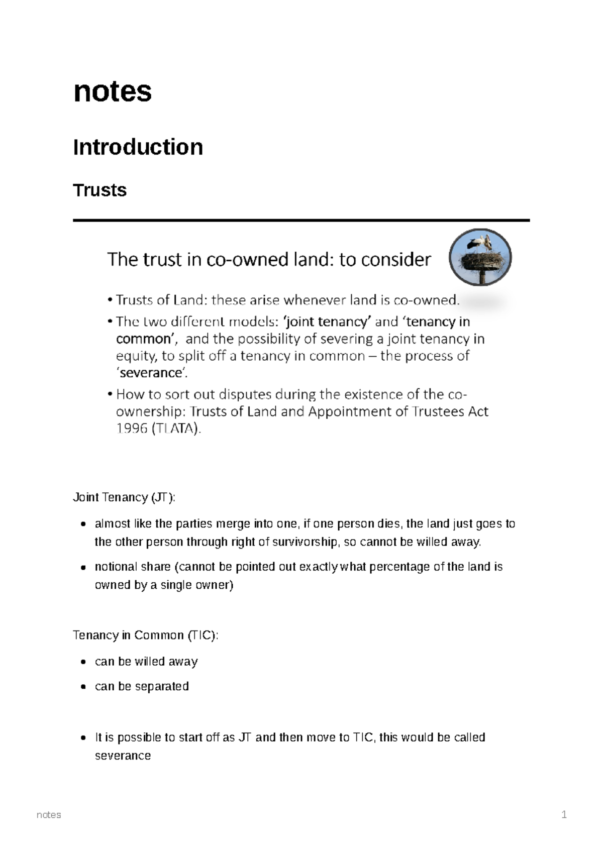 Intro to land law notes - notes Introduction Trusts Joint Tenancy (JT ...