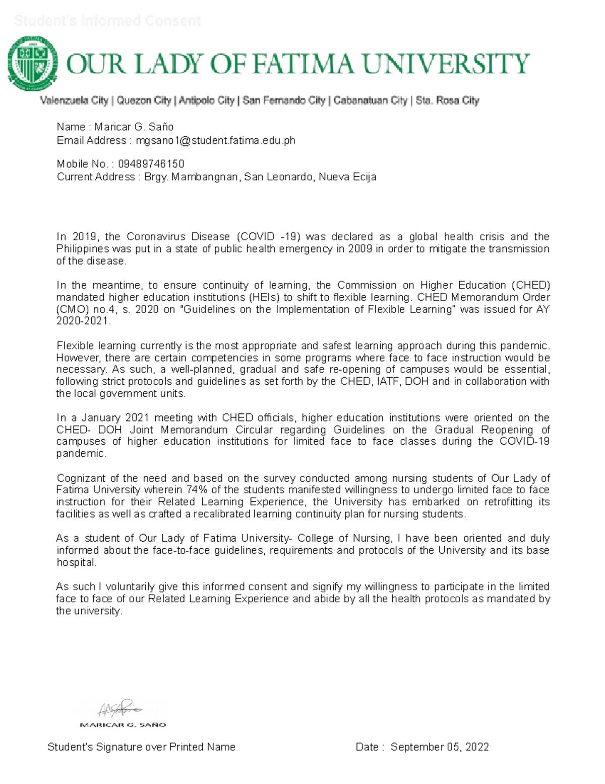 Student-Informed-consent-icar - Name : Maricar G. Saño Email Address ...