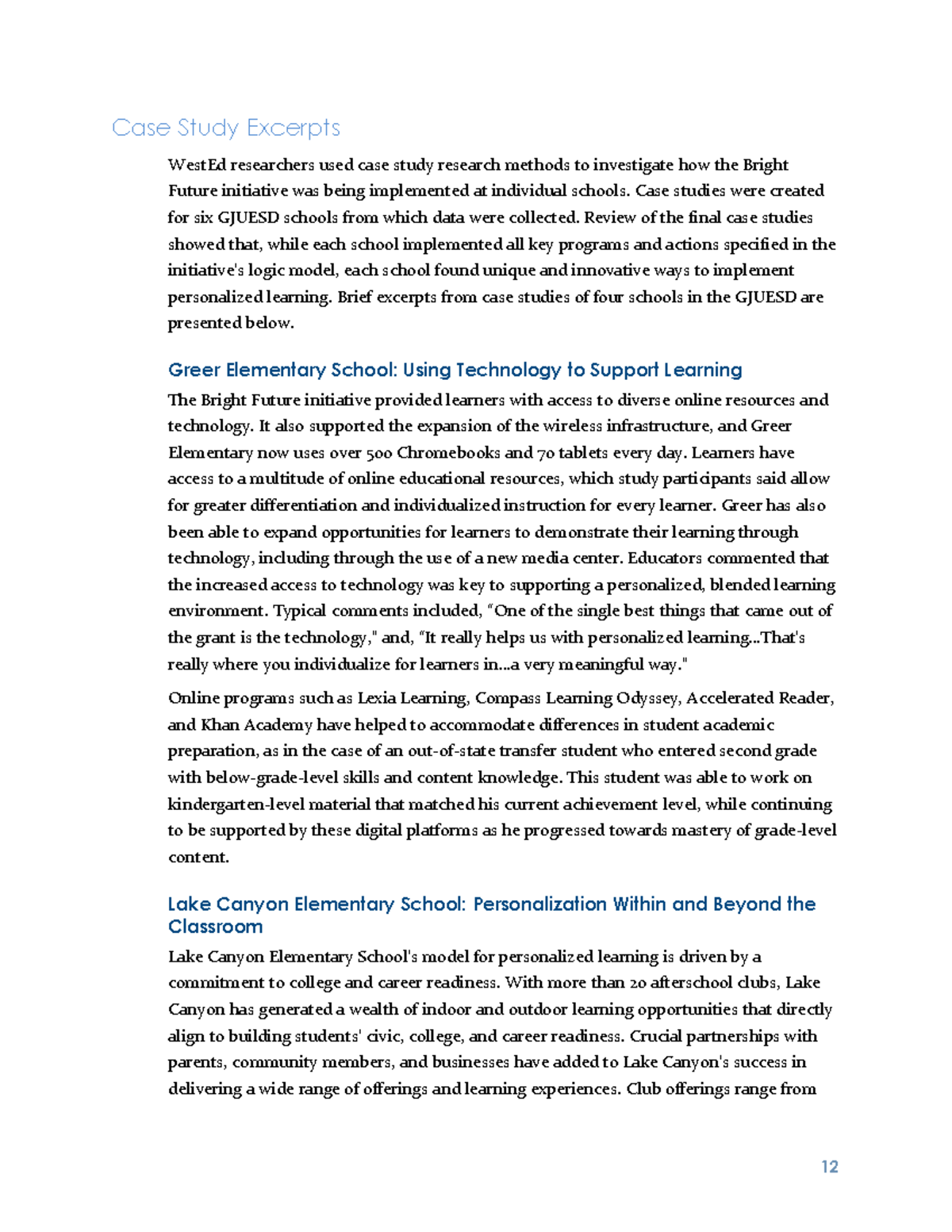 Personalized-learning-12 - 12 Case Study Excerpts WestEd researchers ...