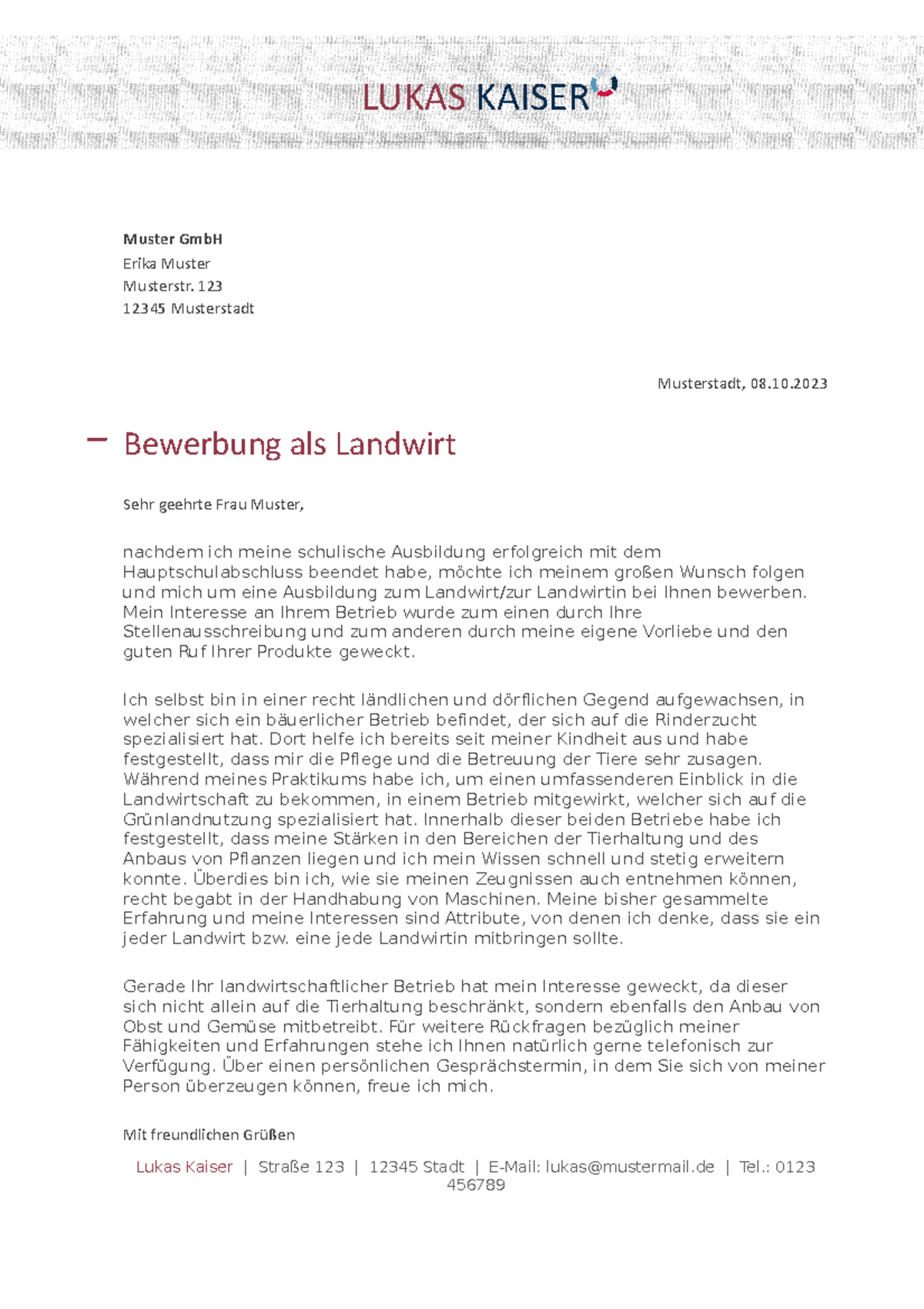 Bewerbung-Landwirt - Diskusi - LUKAS KAISER Muster GmbH Erika Muster ...
