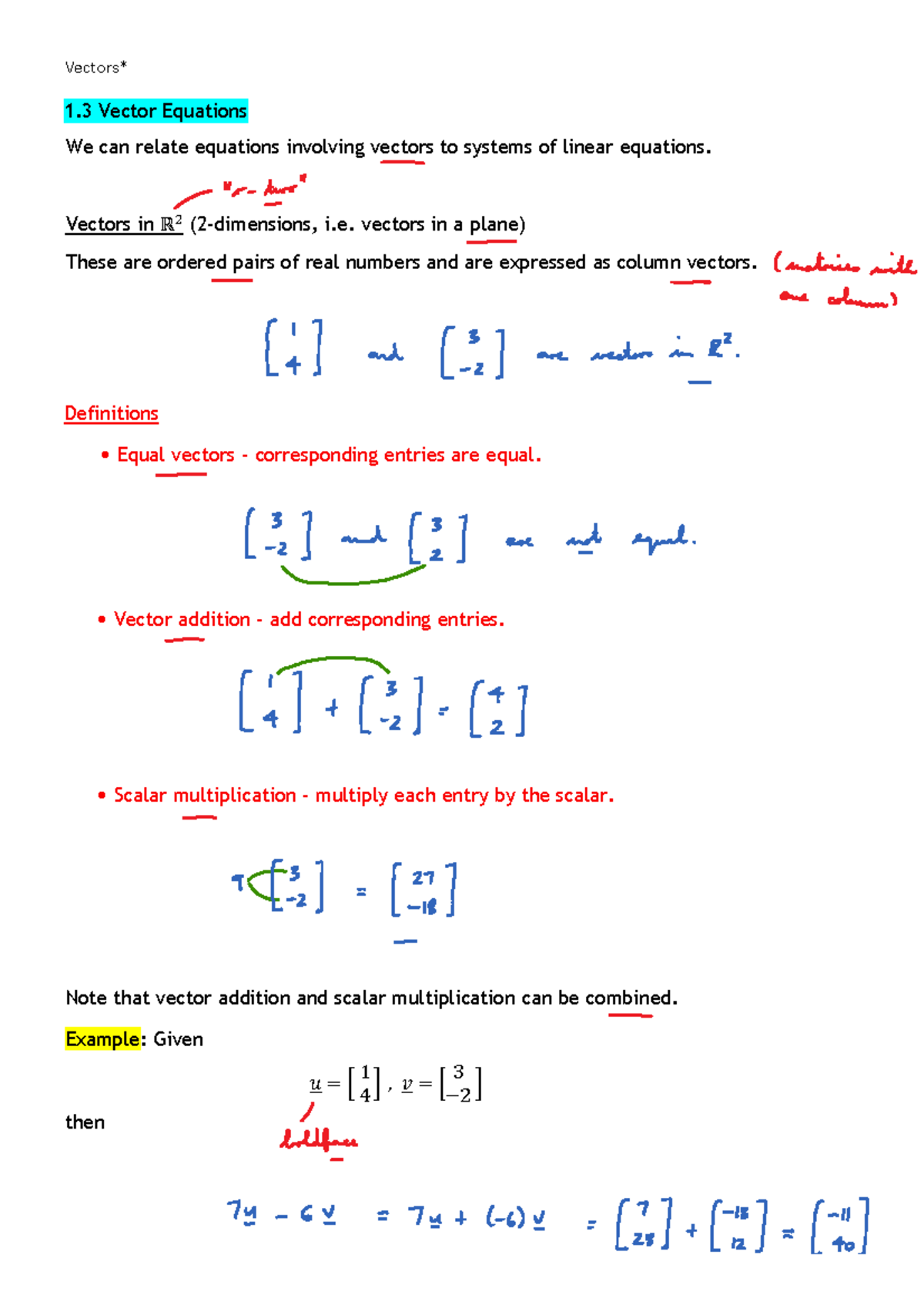 Week 2 Notes - 1 Vector Equations We can relate equations involving ...
