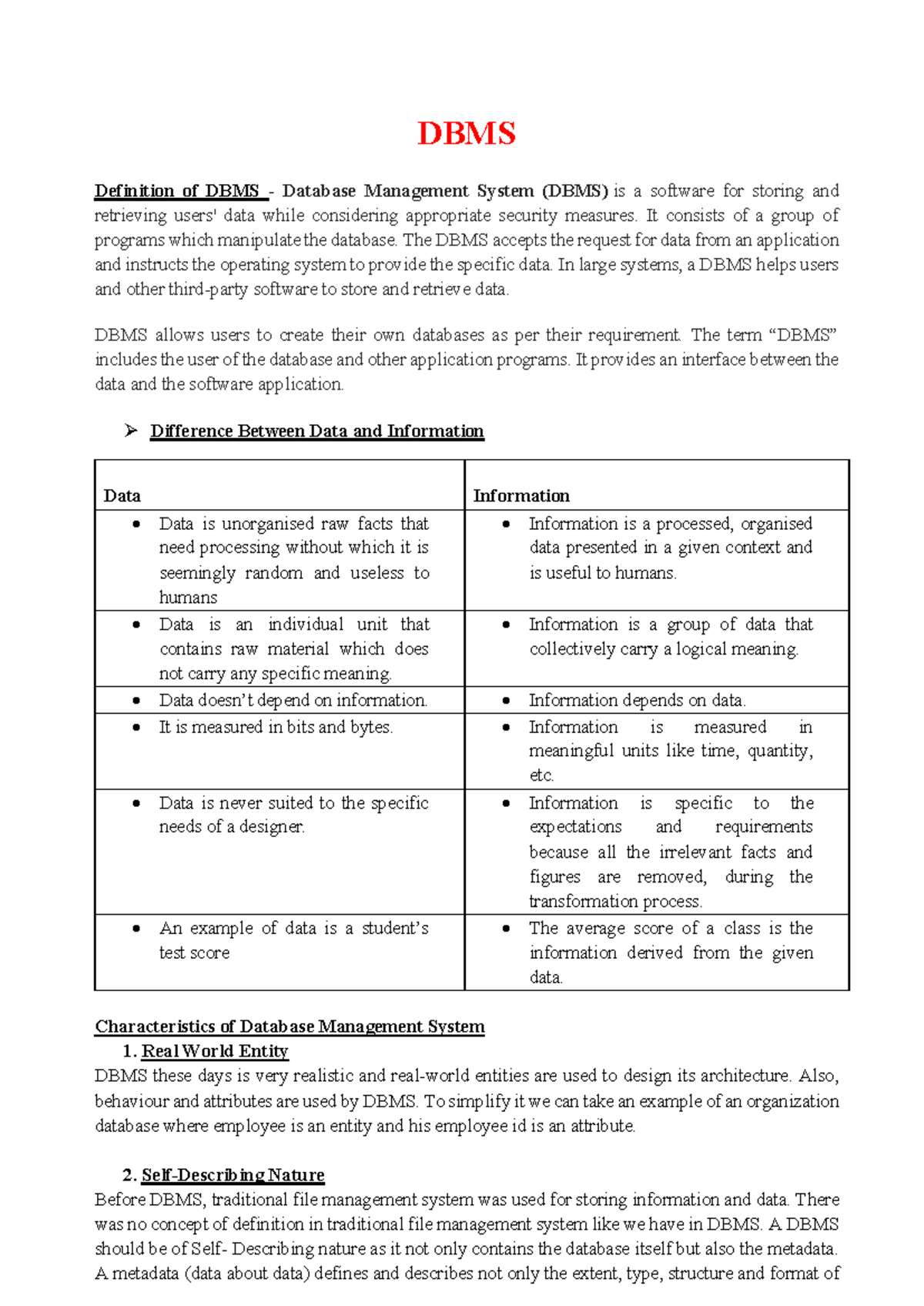 DBMS UNIT-1 - DBMS ####### Definition of DBMS - Database Management System (DBMS) is a software ...