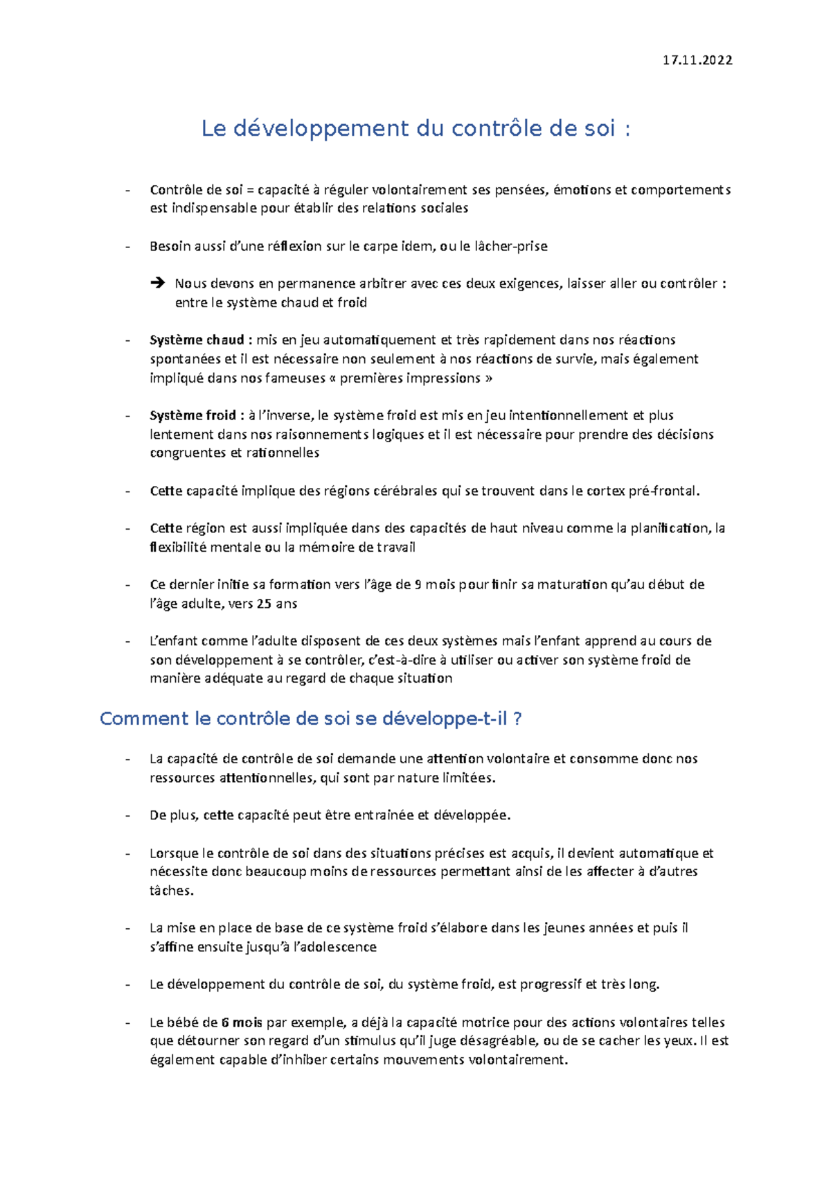 Contrôle du soi - Feuille de notes du cours mise au propre - 17. Le ...