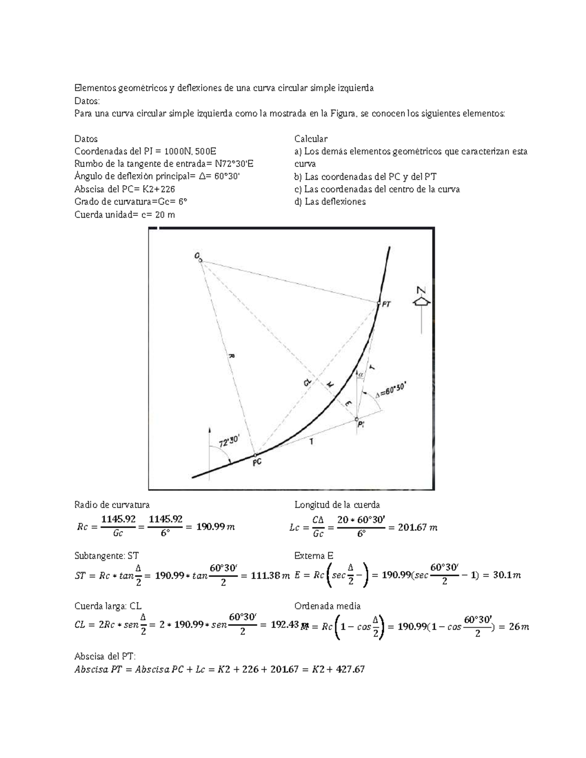 Ejercicio Curva Horizontal Simple - Elementos geométricos y deflexiones ...