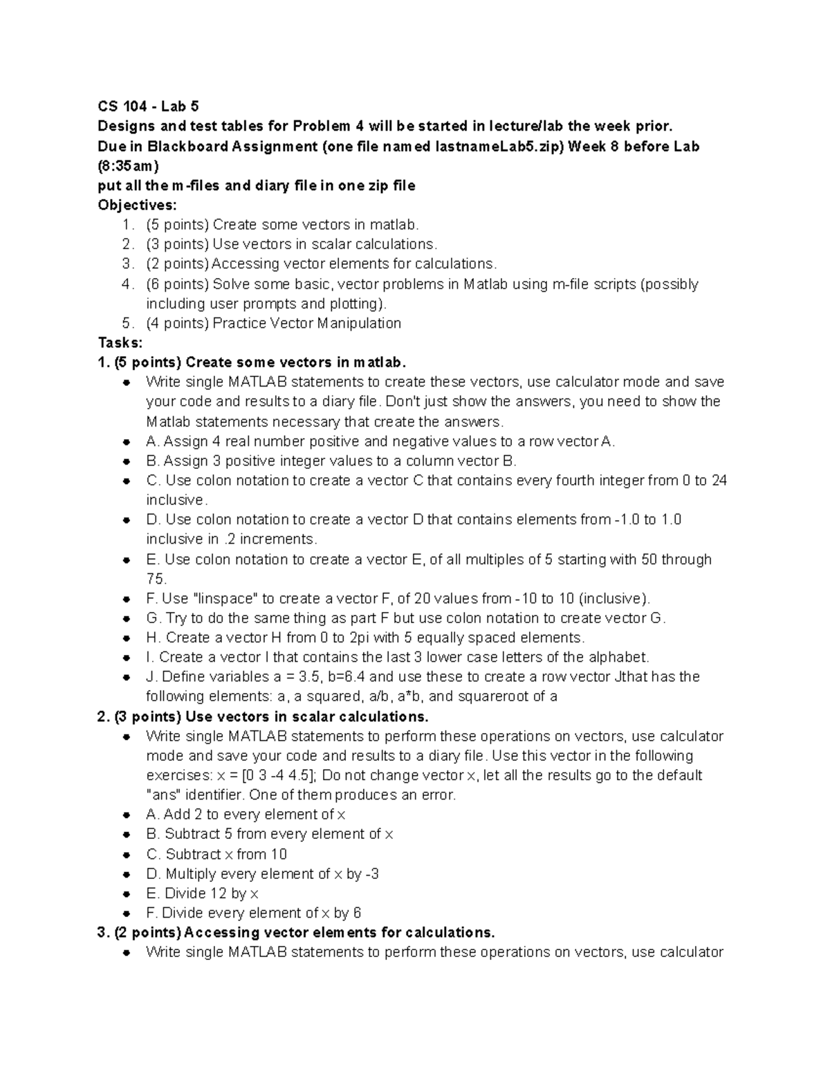CS104 Lab5 questions - CS 104 - Lab 5 Designs and test tables for ...