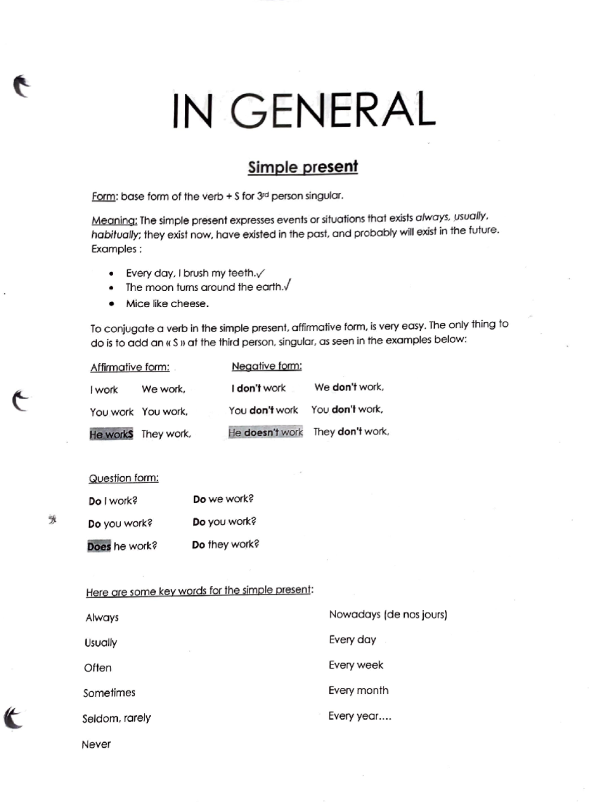 Verbe tenses notes - IN GENERAL Simple present Form:baseformoftheverb ...