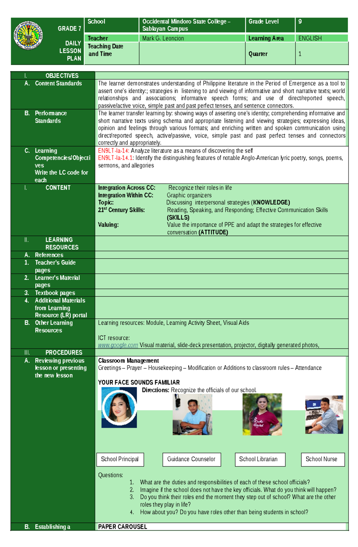 Poetry-LP-final - Lesson plan for secondary Grade 10 students - GRADE 7 ...