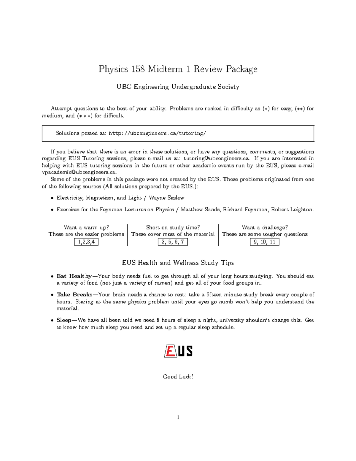 Physics 158 Midterm 1 Review Package solutions - Physics 158 Midterm 1 Review Package UBC - Studocu