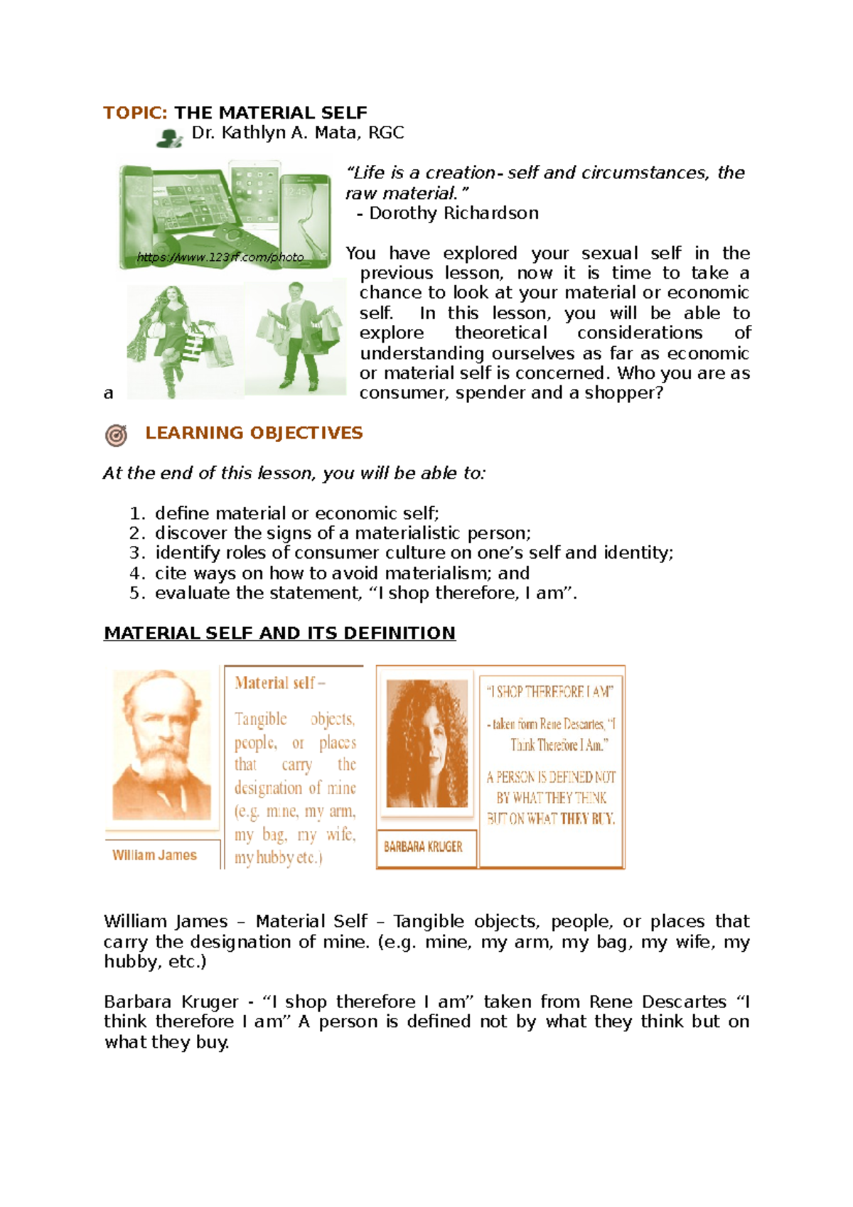 Topic 7 Material Self - TOPIC: THE MATERIAL SELF Dr. Kathlyn A. Mata ...