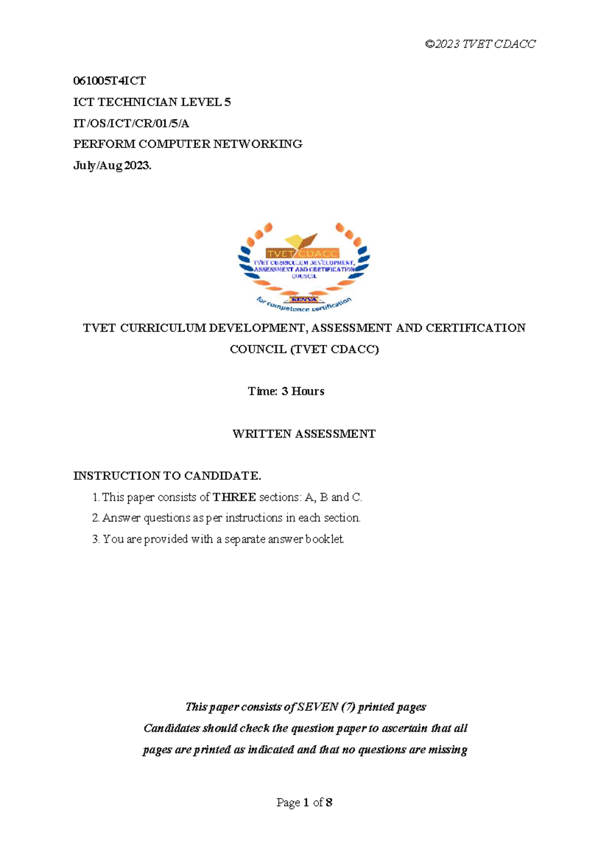 Computer Networking - 061005T4ICT ICT TECHNICIAN LEVEL 5 IT/OS/ICT/CR/01/5/A PERFORM COMPUTER ...