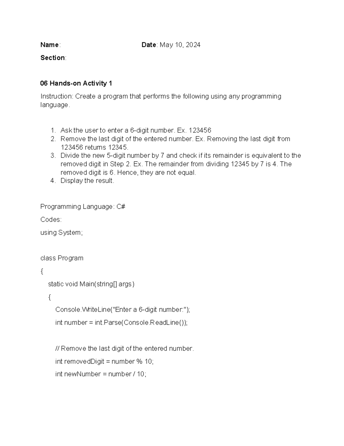 06 Hands-on Activity 1 - Name: Date: May 10, 2024 Section: 06 Hands-on ...