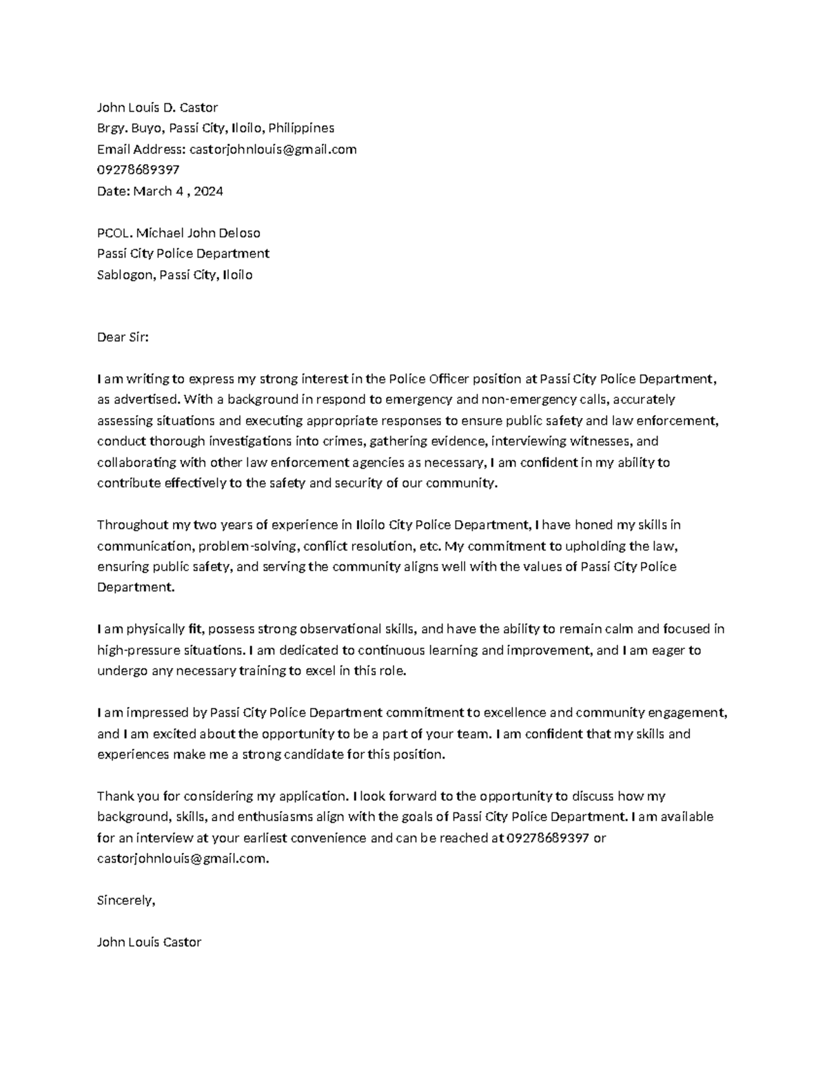 Application letter - John Louis D. Castor Brgy. Buyo, Passi City ...