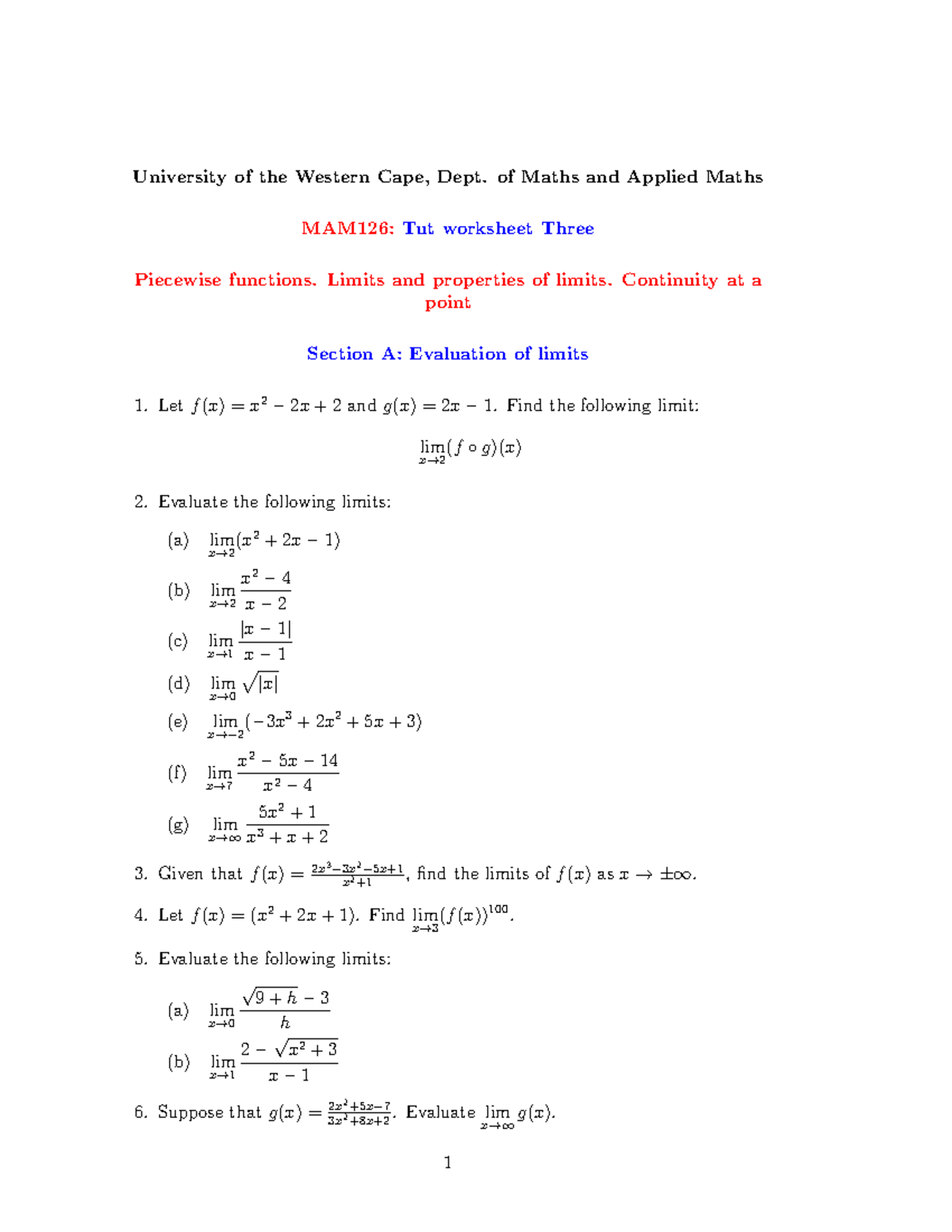 Mam126 Tut worksheet Three - University of the Western Cape, Dept. of ...