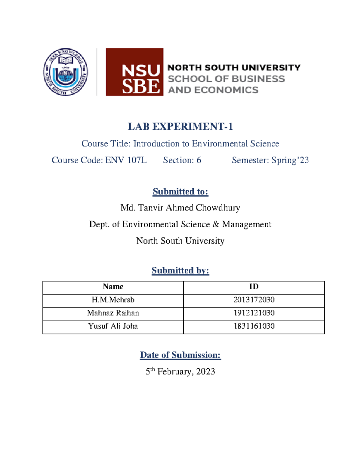 ENV107LAB- Experiment-1- Section-6-Group-2 - LAB EXPERIMENT- Course Title: Introduction to - Studocu