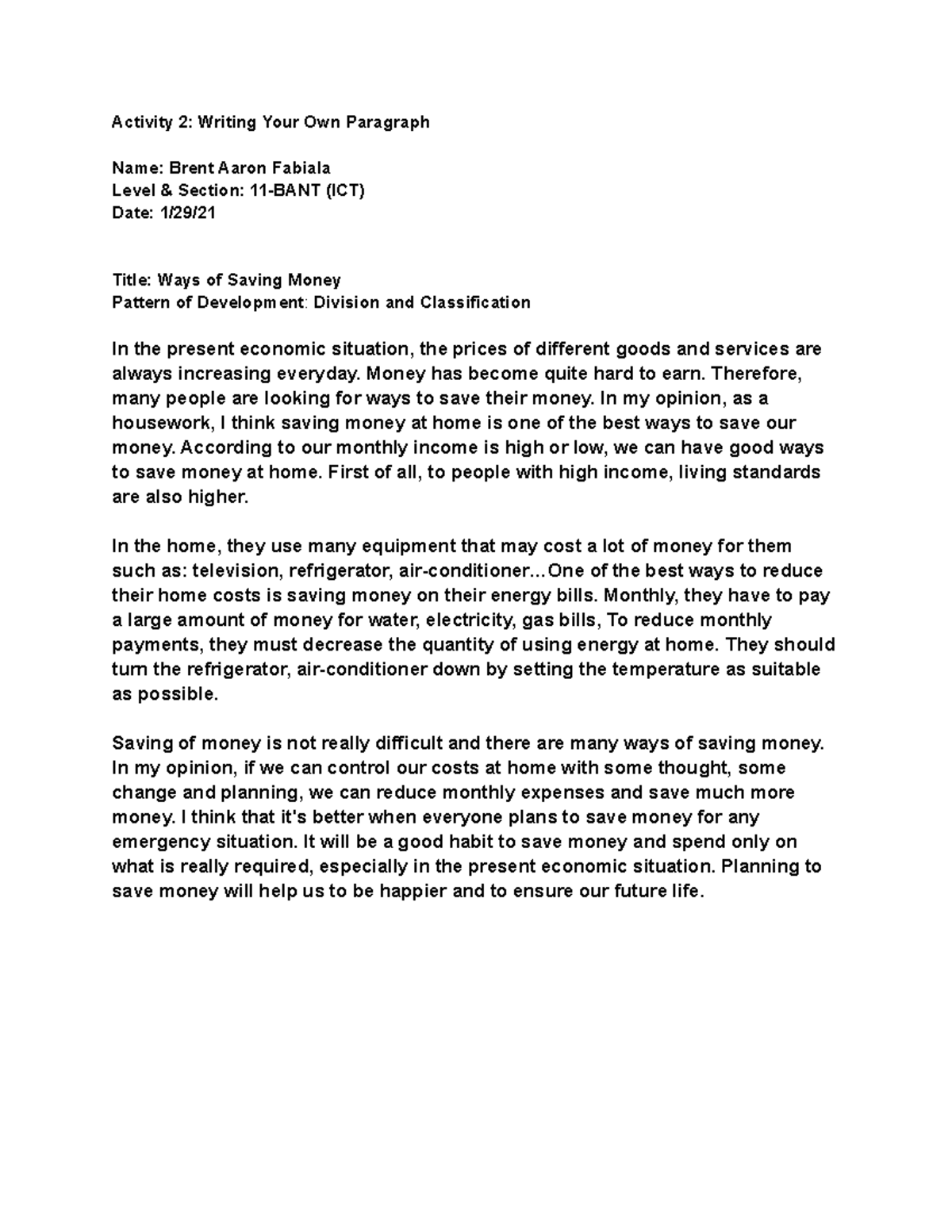 Brent Fabiala - Writing Your Own Paragraph - Activity 2: Writing Your ...