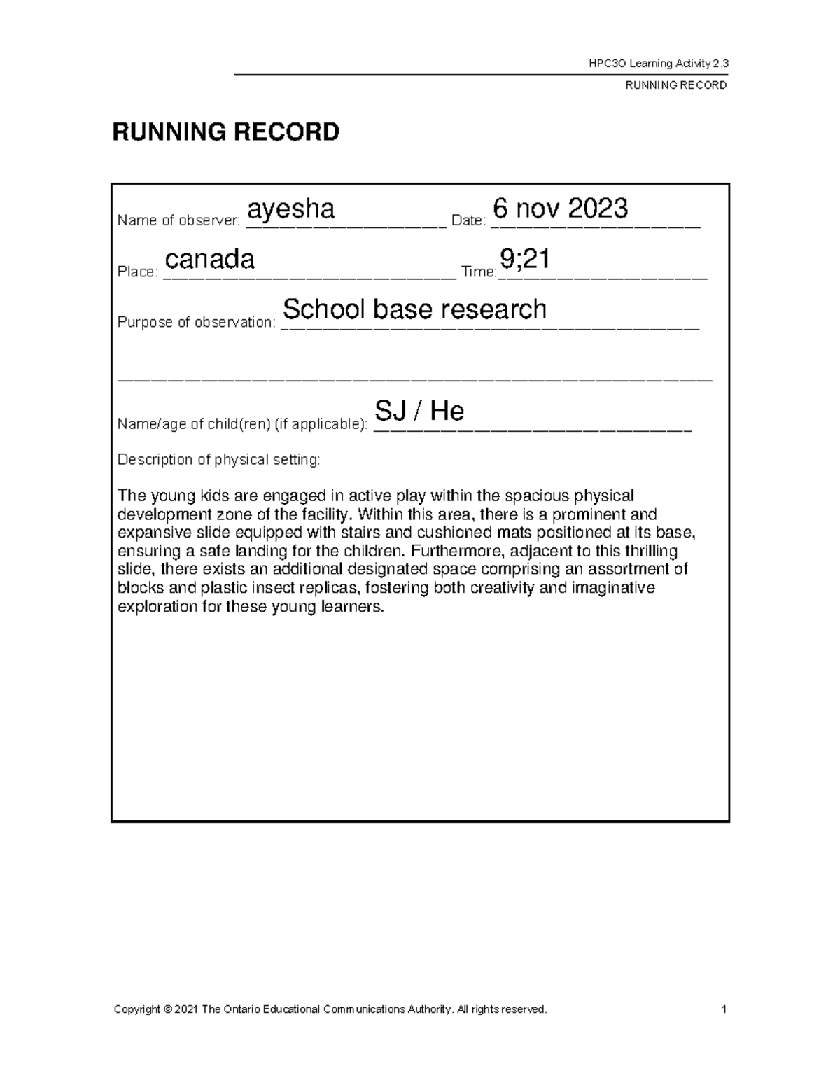 Running record - this is about disable kids and how we notice there ...