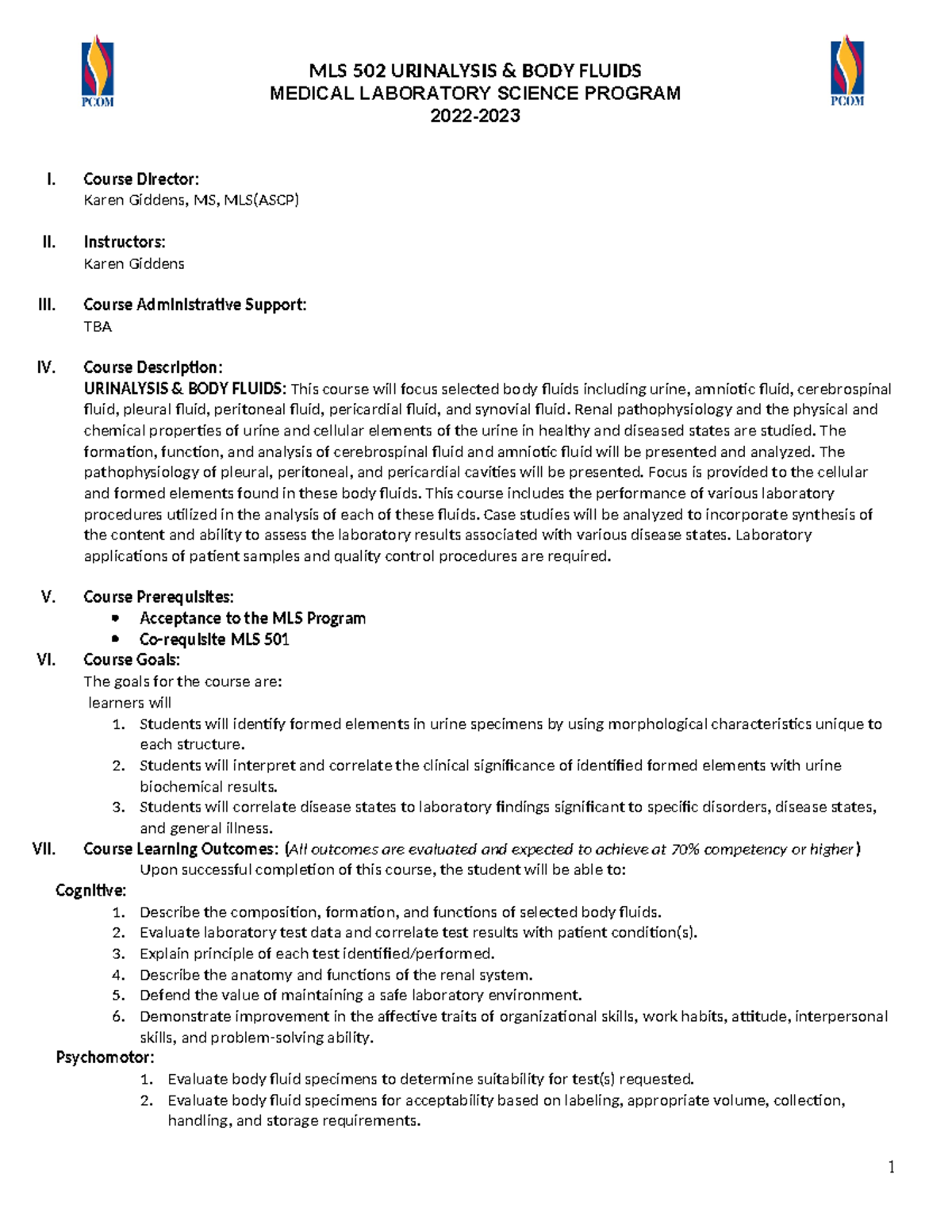 MLS 502 Urinalysis & Body Fluids - MEDICAL LABORATORY SCIENCE PROGRAM ...