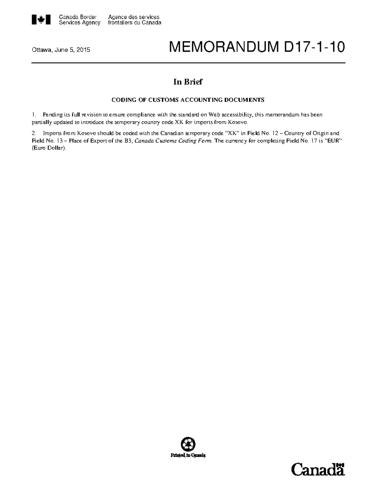 D17 1 10 eng - finanl exam - Ottawa, June 5, 2015 MEMORANDUM D17-1- In ...