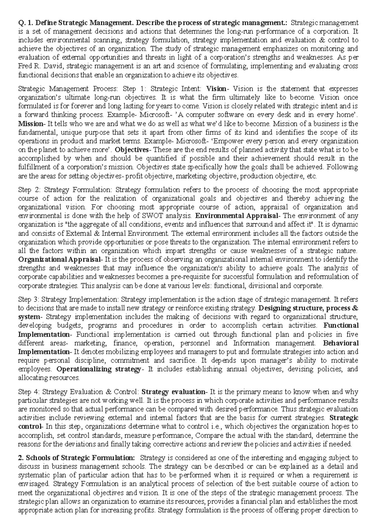 Sm imp notes - Q. 1. Define Strategic Management. Describe the process ...