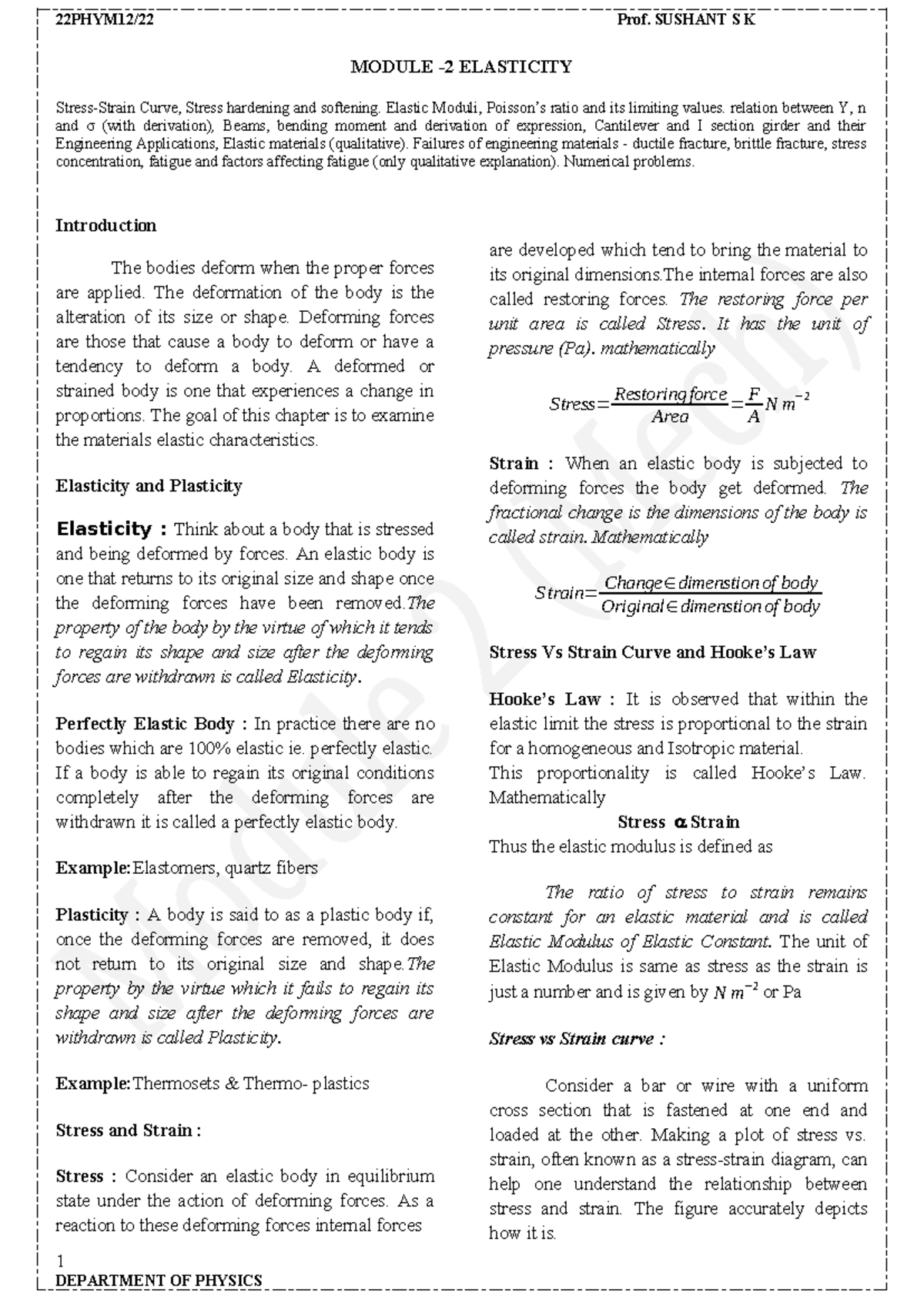 Module 2M - I'm good how are you bro - MODULE -2 ELASTICITY Stress ...