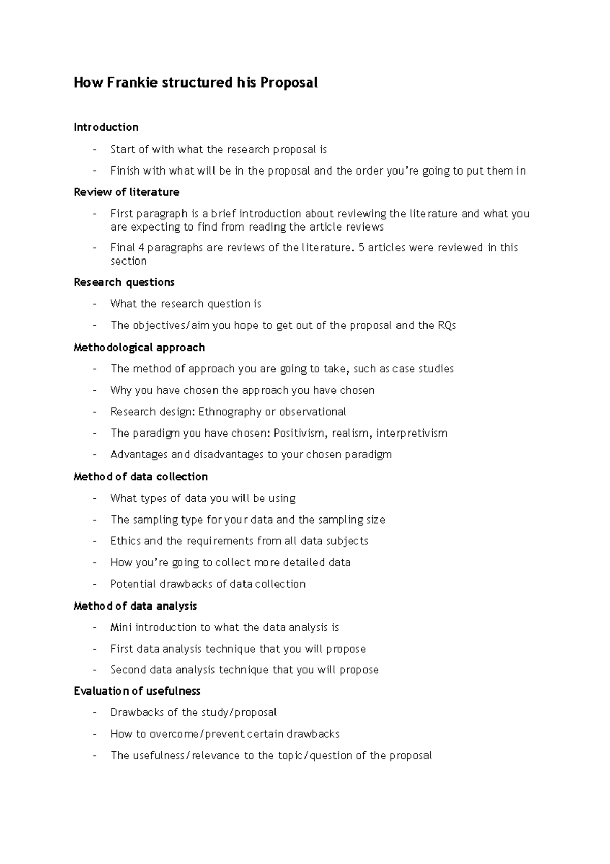 How to structure a Proposal - How Frankie structured his Proposal ...