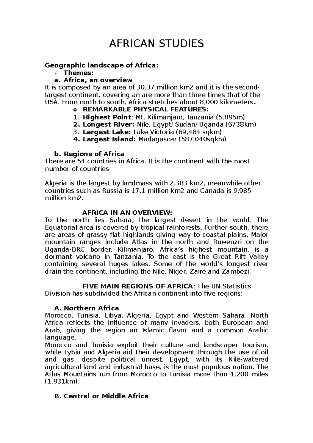 African Studies - Notes from class - AFRICAN STUDIES Geographic ...