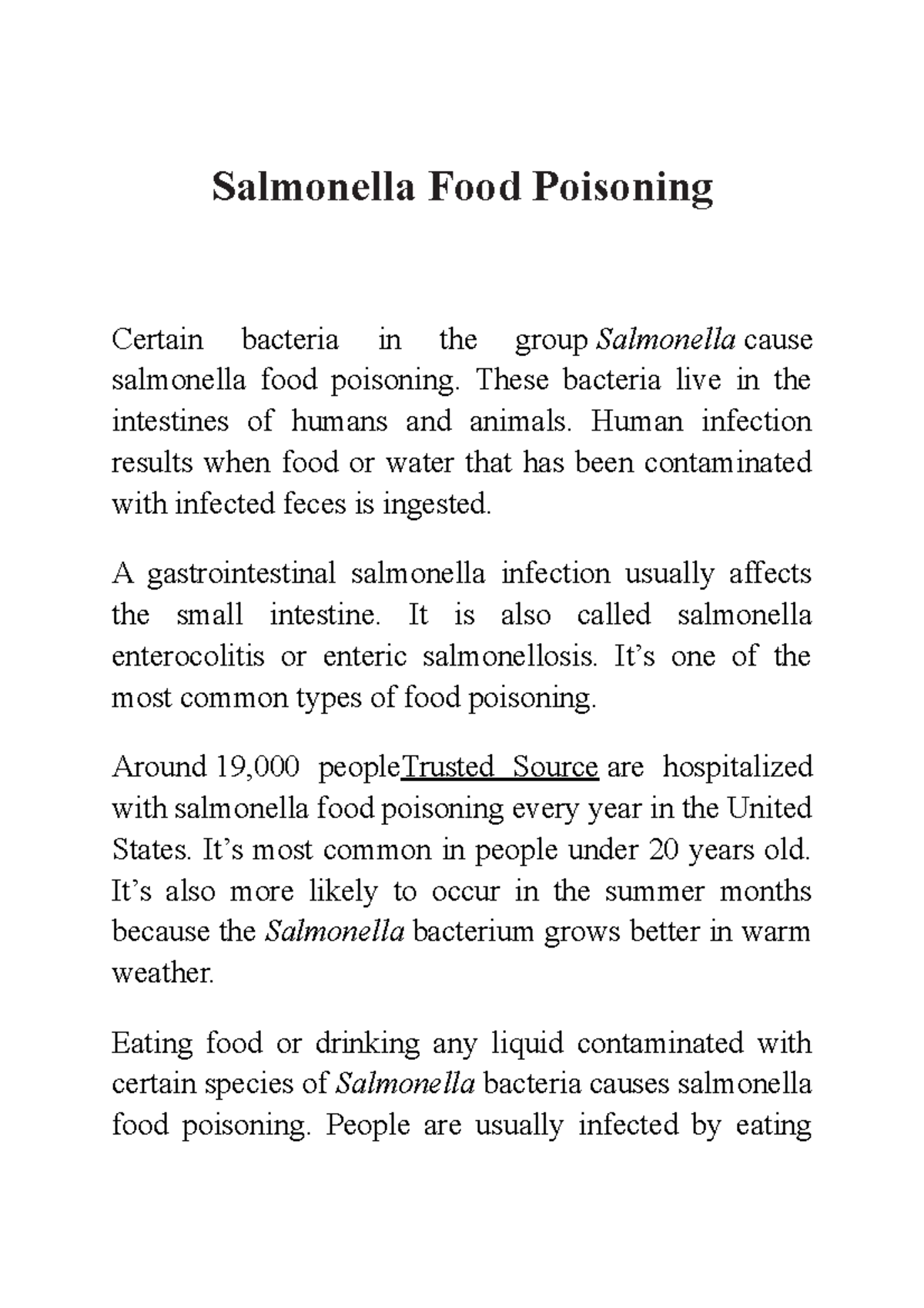 Salmonella Food Poisoning.docx - Salmonella Food Poisoning Certain bacteria in the group ...