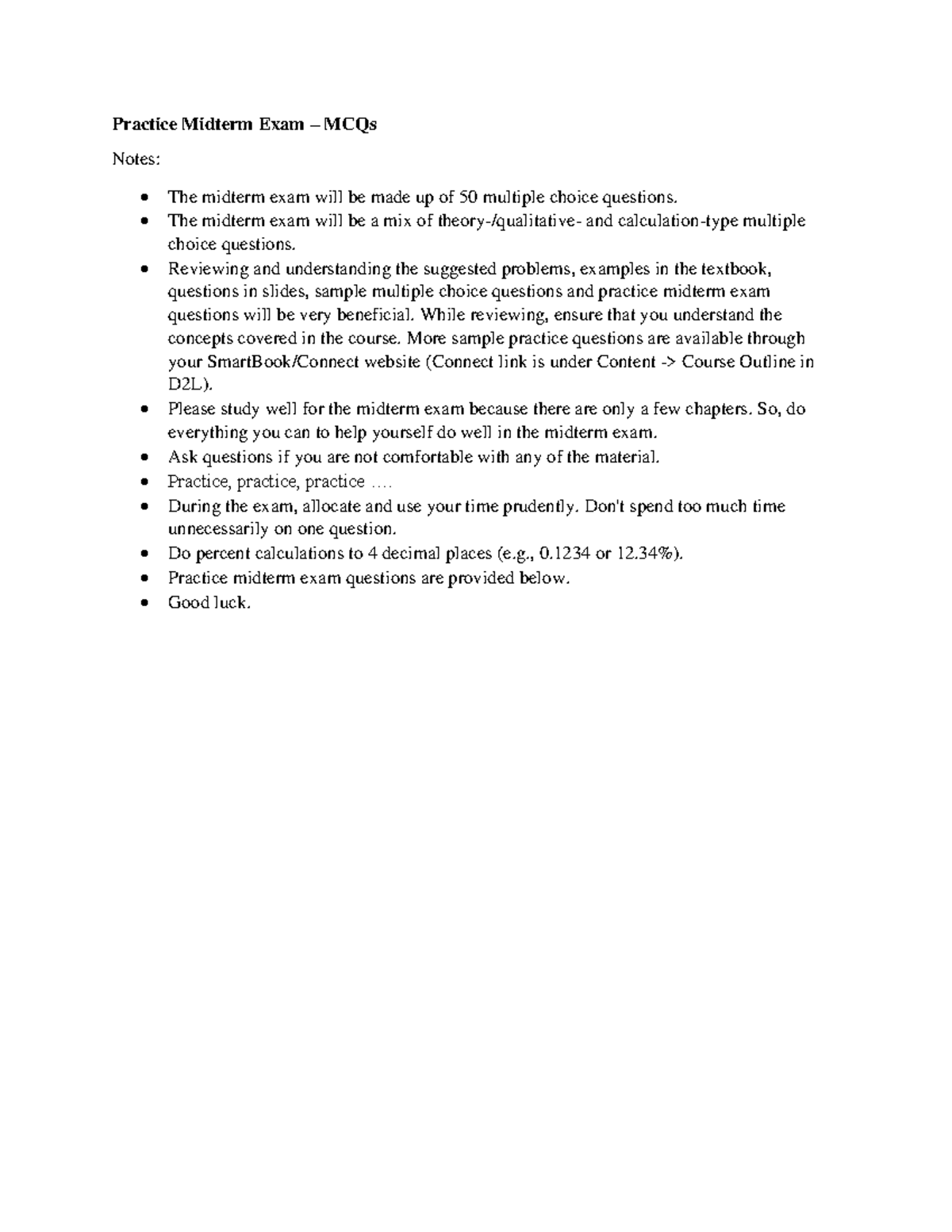 Practice Midterm Questions - Practice Midterm Exam – MCQs Notes: - The ...