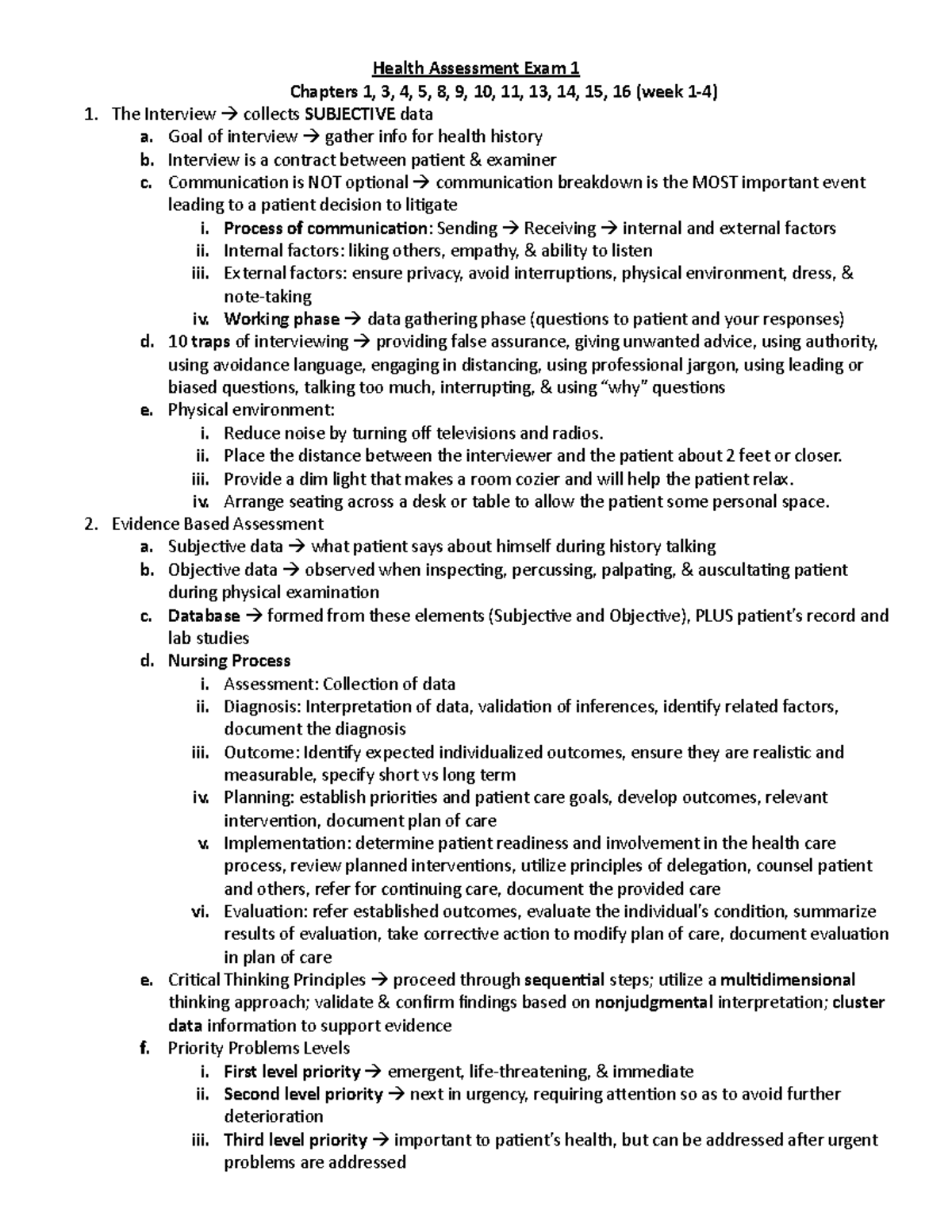 E Health Assessment Exam 1 - Health Assessment Exam 1 Chapters 1, 3, 4 ...