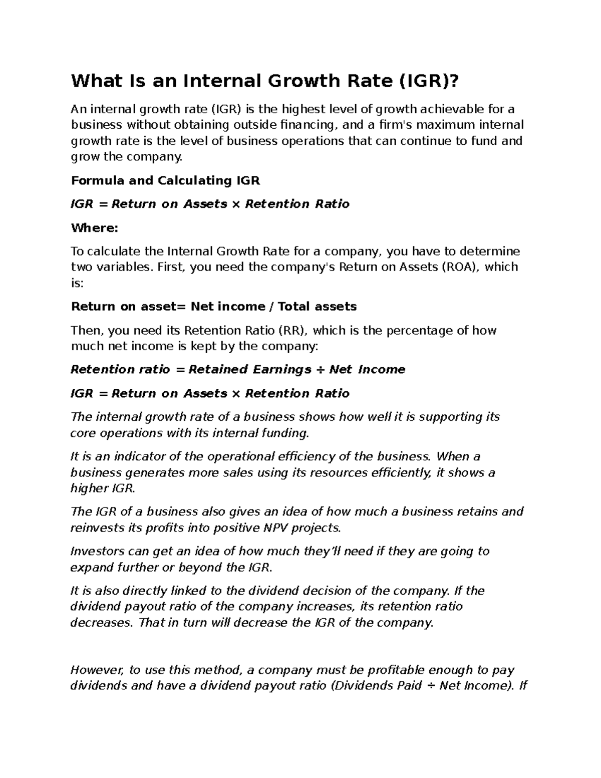 What Is an Internal Growth Rate - Formula and Calculating IGR IGR ...