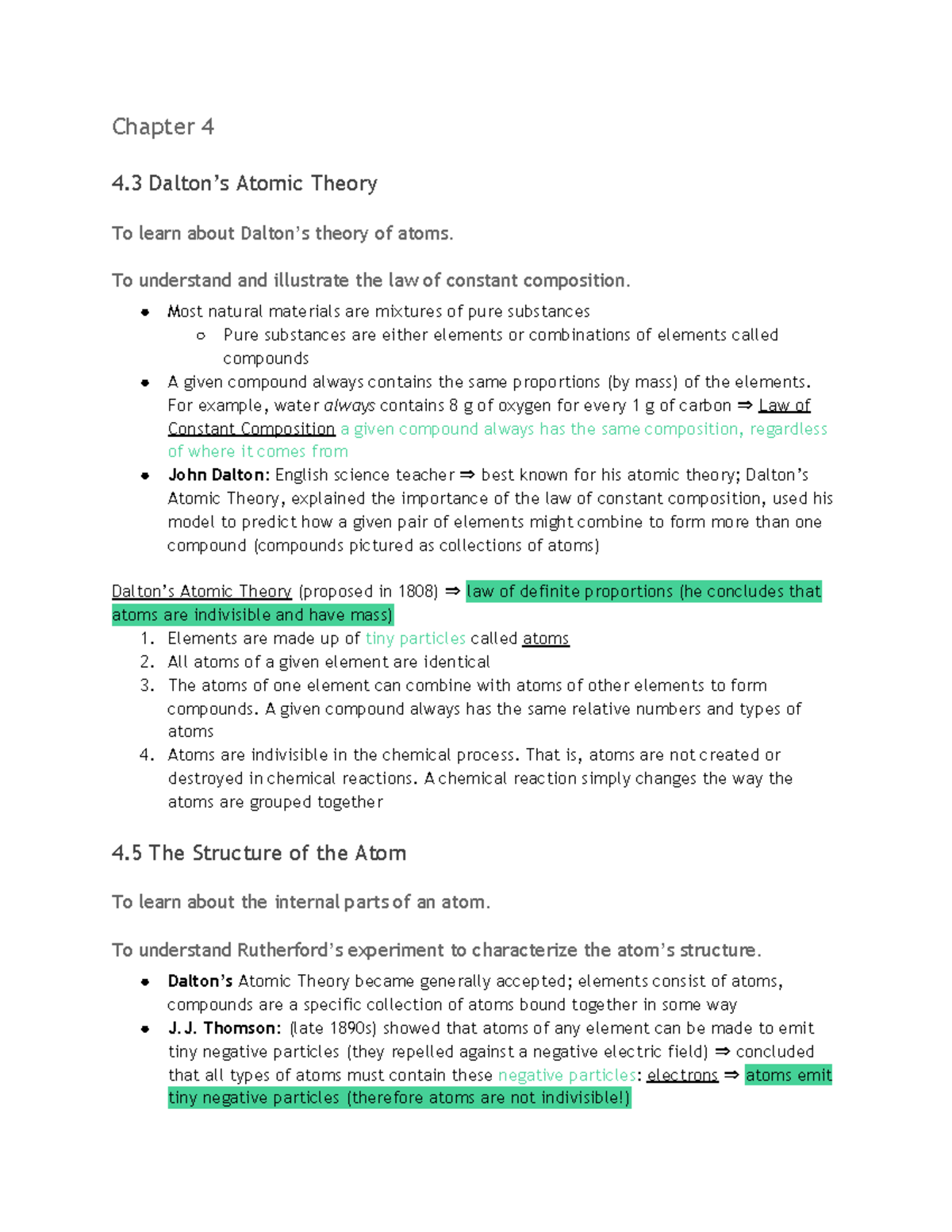 Chapter 4 lecture notes starting at daltons atomic theory - Chapter 4 ...