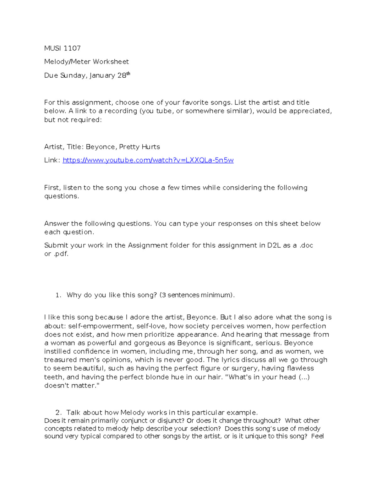 Music worksheet 1 - Stats work - MUSI 1107 Melody/Meter Worksheet Due ...