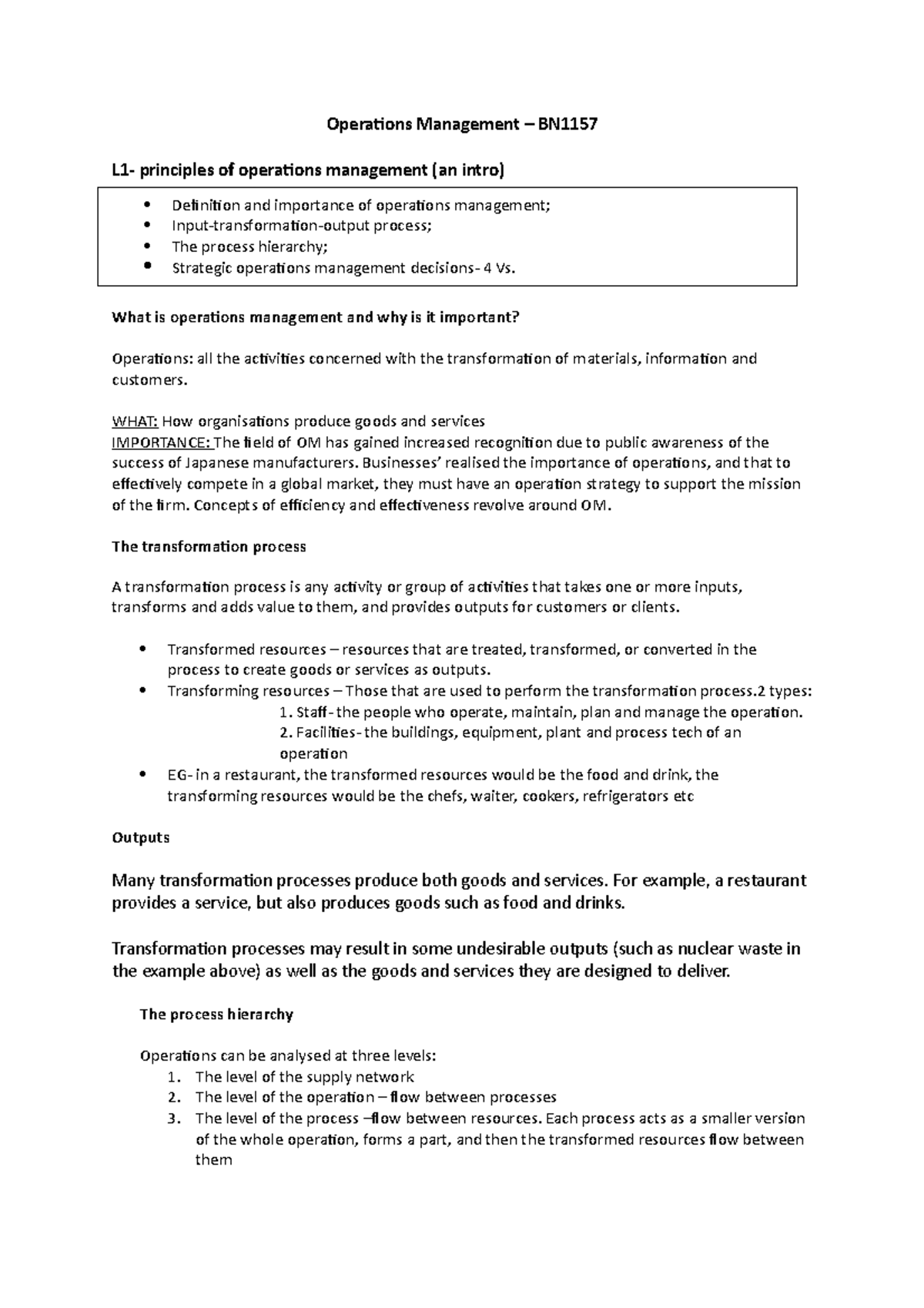 Operations management lecture notes - Operations Management – BN1157 L1 ...