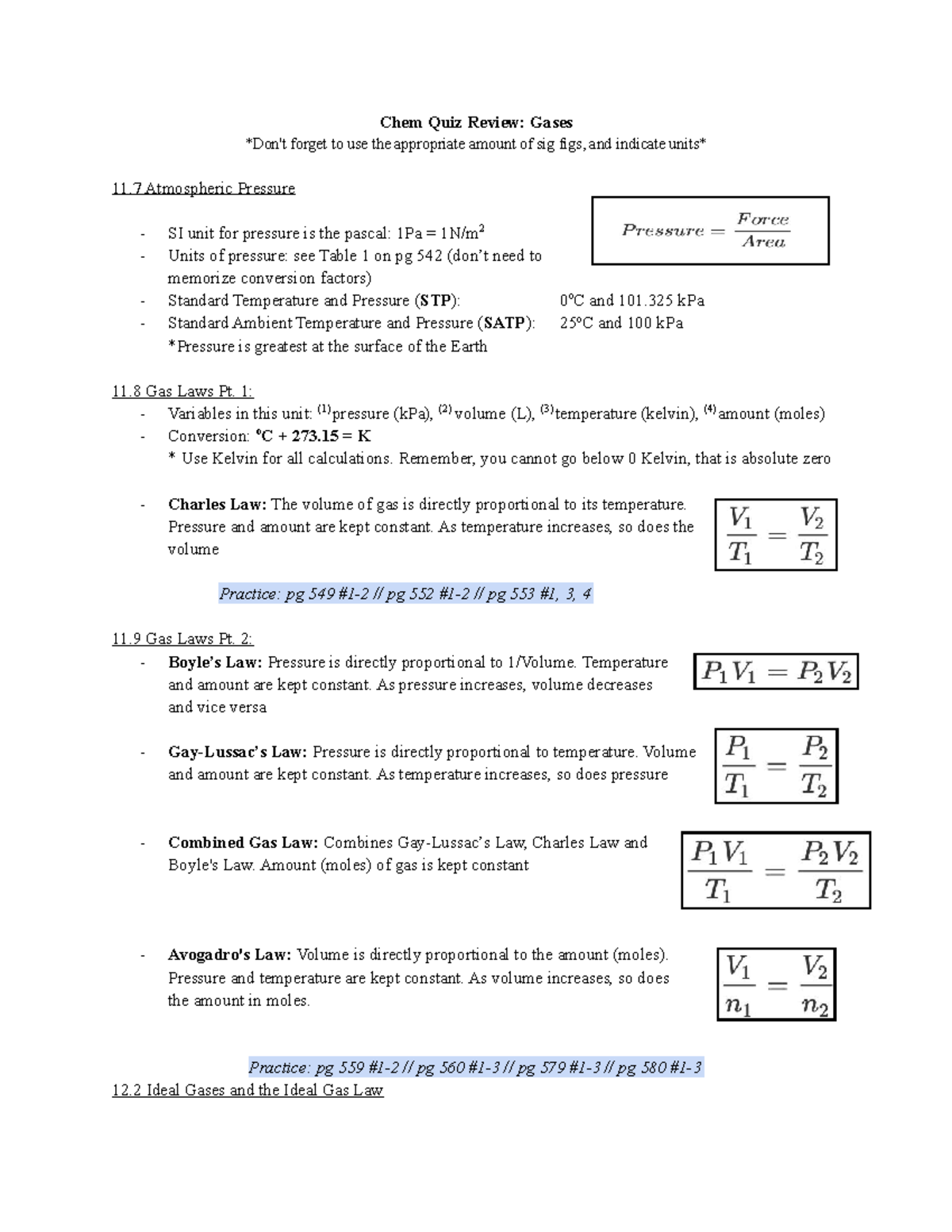 Chem Quiz Review Gases - Notes - Chem Quiz Review: Gases Don't forget ...