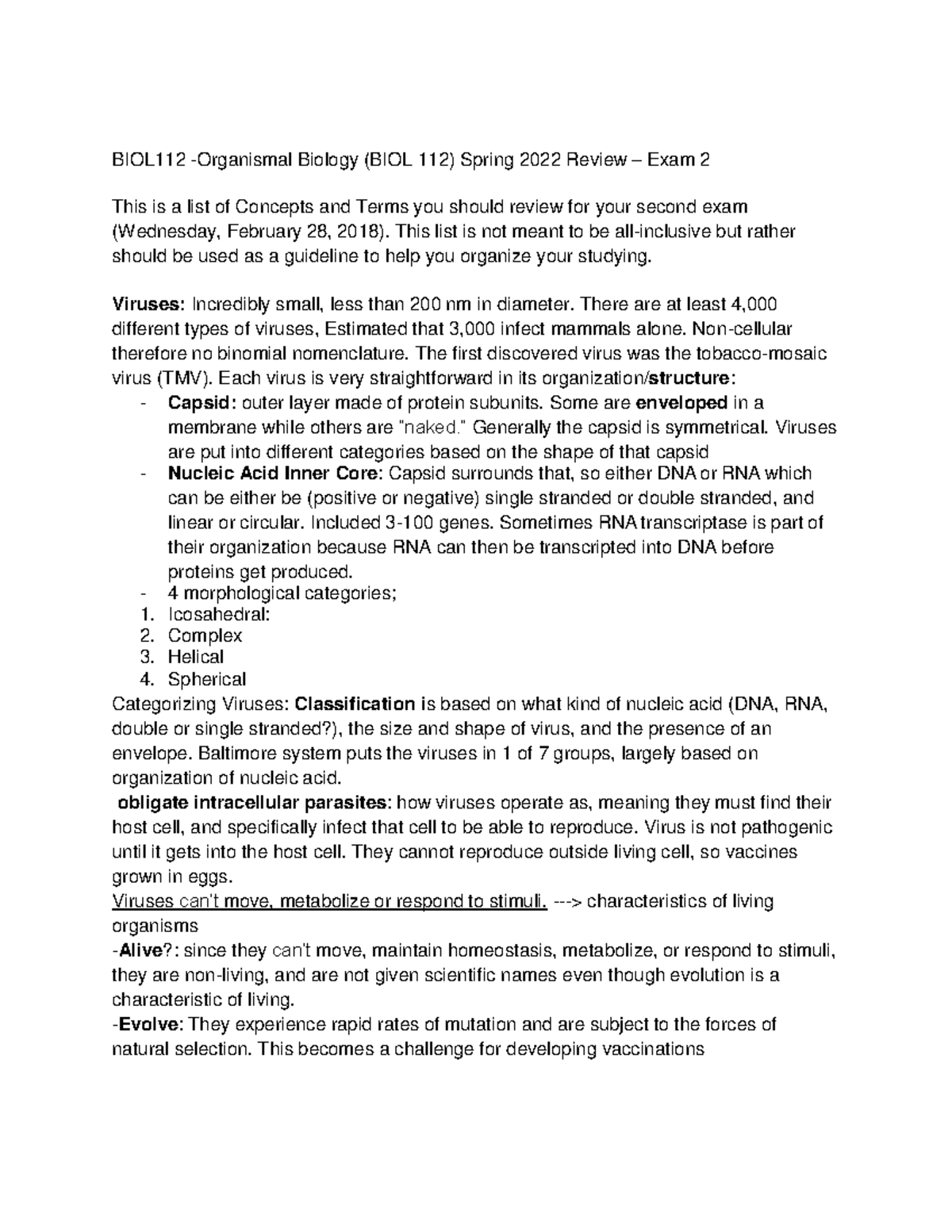 BIOL112 -Organismal Biology (BIOL 112) Spring 2022 Review - BIOL112 ...