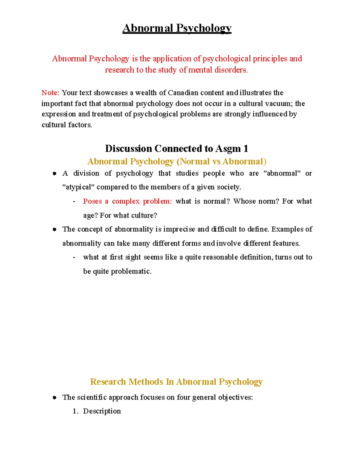 Abnormal Psychology Notes - Abnormal Psychology Abnormal Psychology is ...