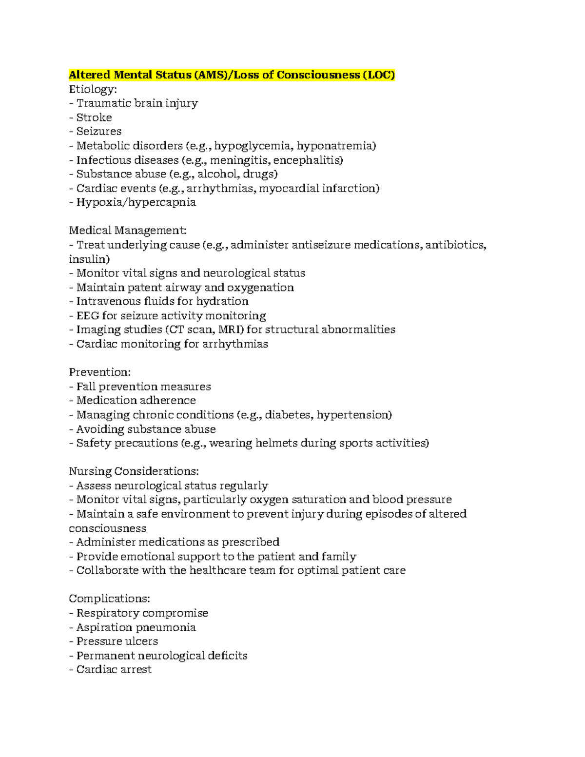 Altered Mental Status (AMS) Loss of Consciousness (LOC) - Altered ...