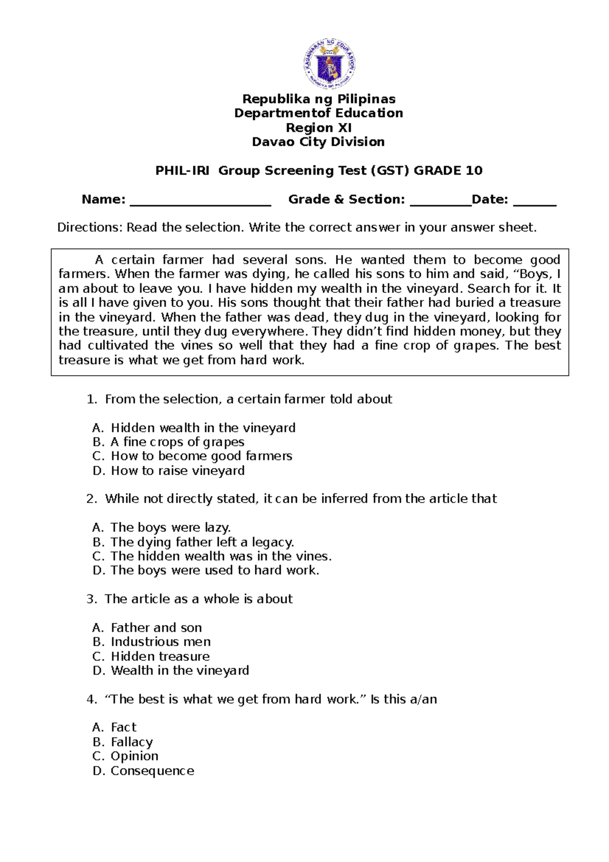 Phil-IRI-GST-ENG-Grade-10 - Republika ng Pilipinas Departmentof ...