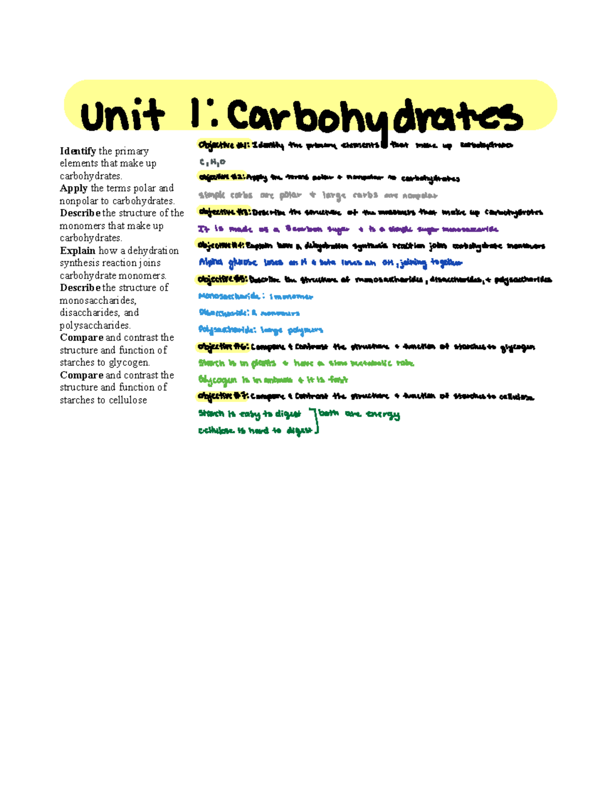 Unit 1 Carbohydrates Study Guide - Unit objectivecarbohydrates 1 ...