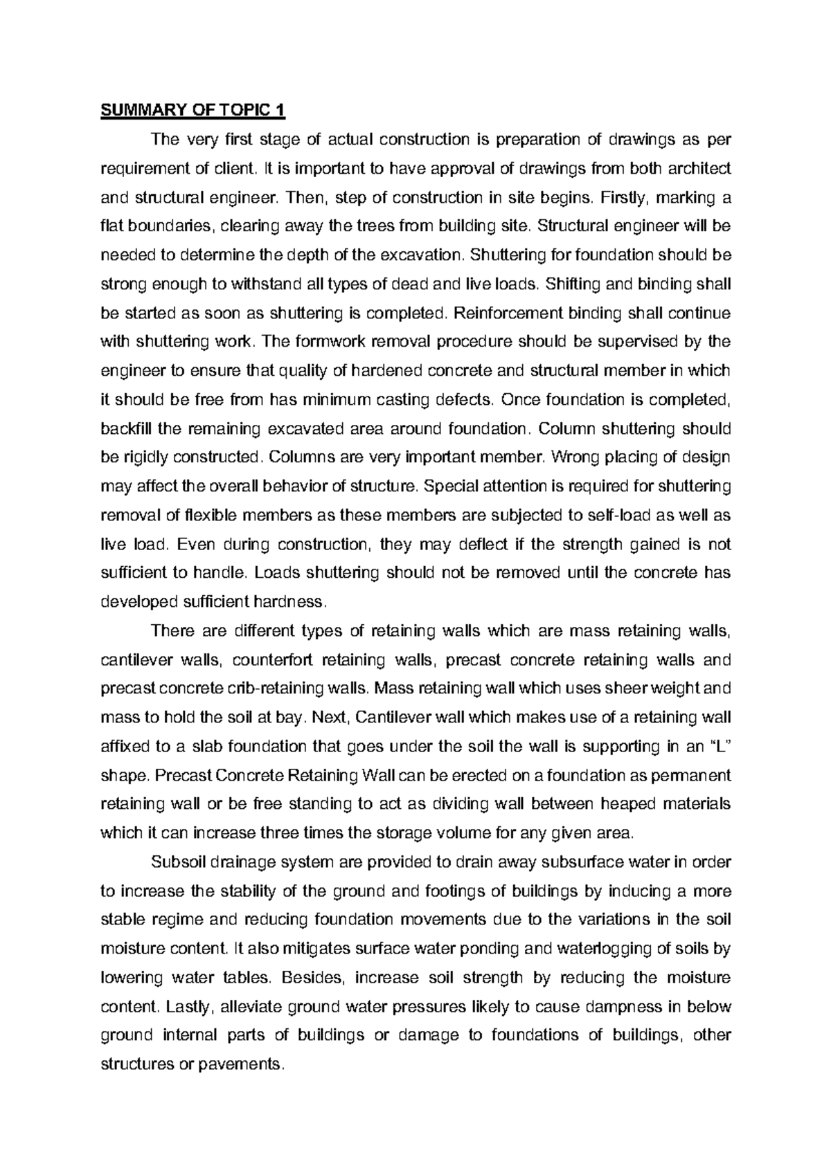 Summary Topic 1 ( Construction- INTRODUCTION AND STAGES INVOLVED ...