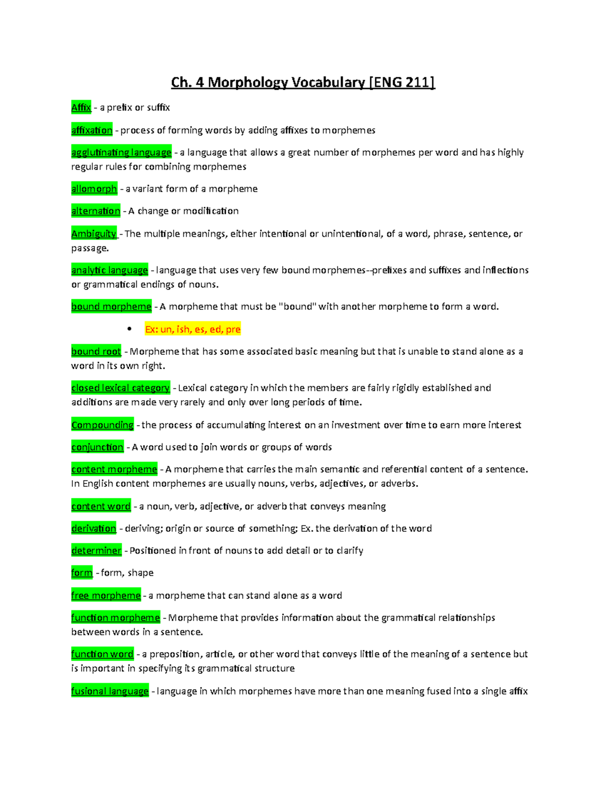 Ch 4 Morphology Vocabulary [ ENG 211 ] - Ch. 4 Morphology Vocabulary ...