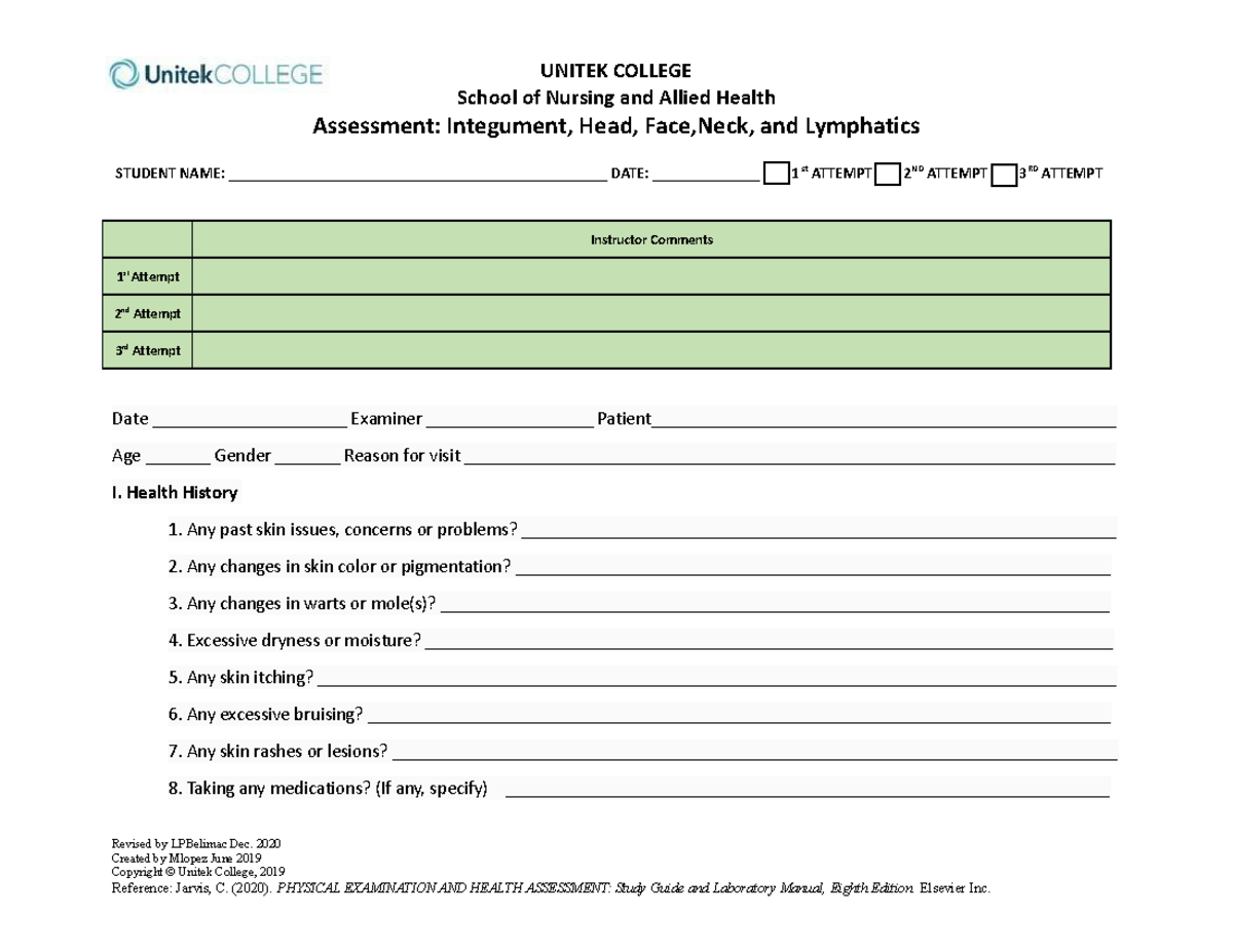 Integument, Head, Face, Neck, and Lymphatics Check-Off form - School of ...