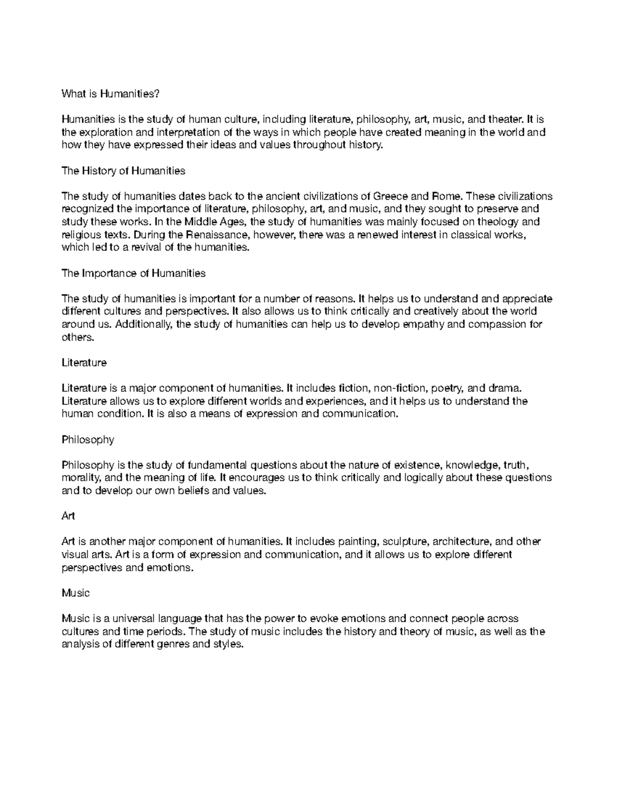 HUM Study guide 1 - What is Humanities? Humanities is the study of ...