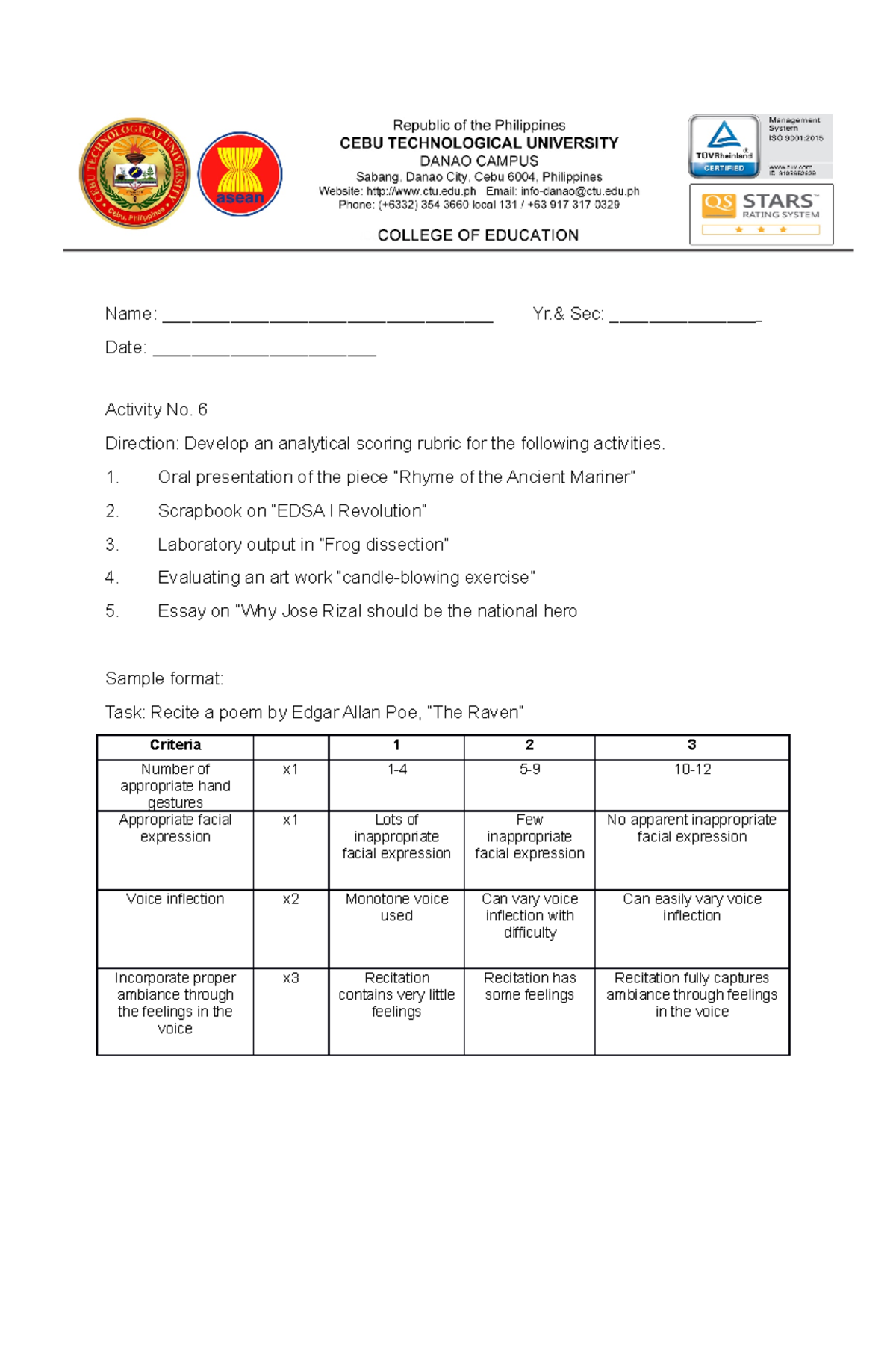 Activity No. 6 - This essay is for educational purposes only and this ...