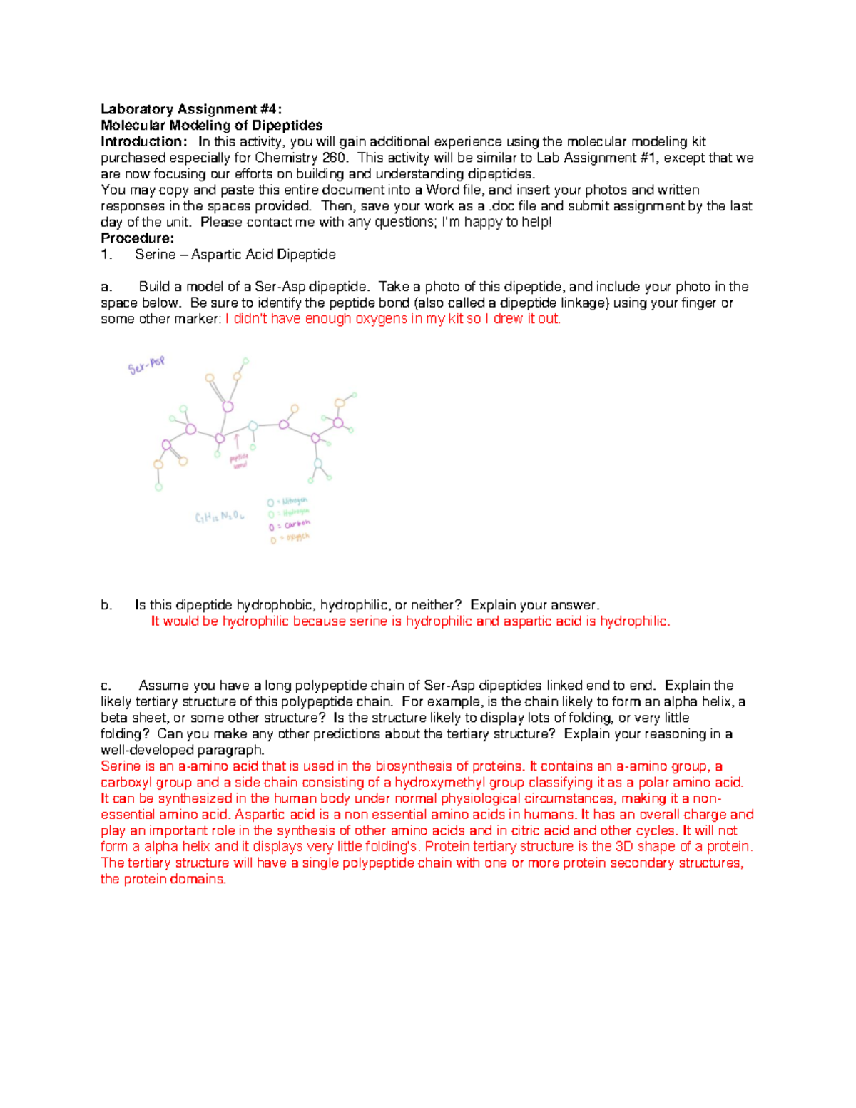 Bio Chem Lab 4 - Biochemistry with Betsy Bainer - Laboratory Assignment #4: Molecular Modeling ...