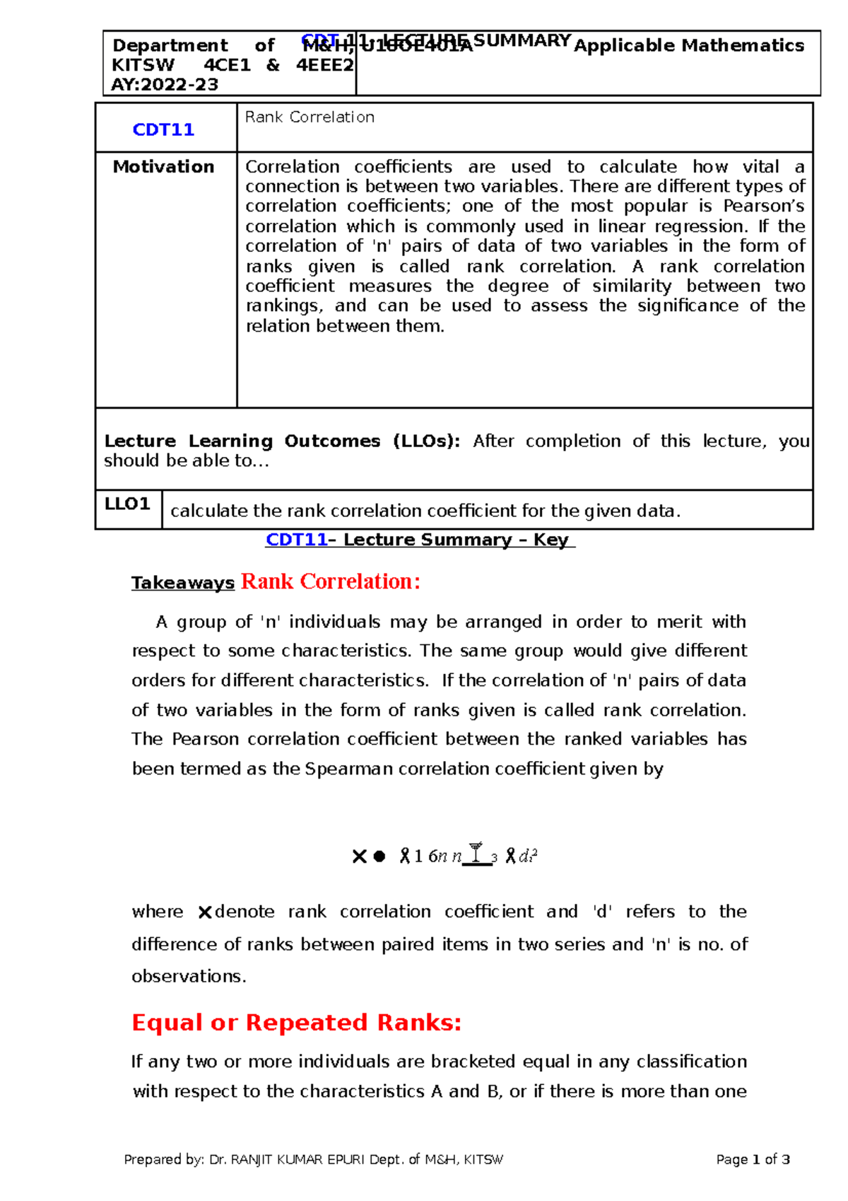 CDT11-Rank Correlation - CDT 11- LECTURE SUMMARY CDT Rank Correlation ...