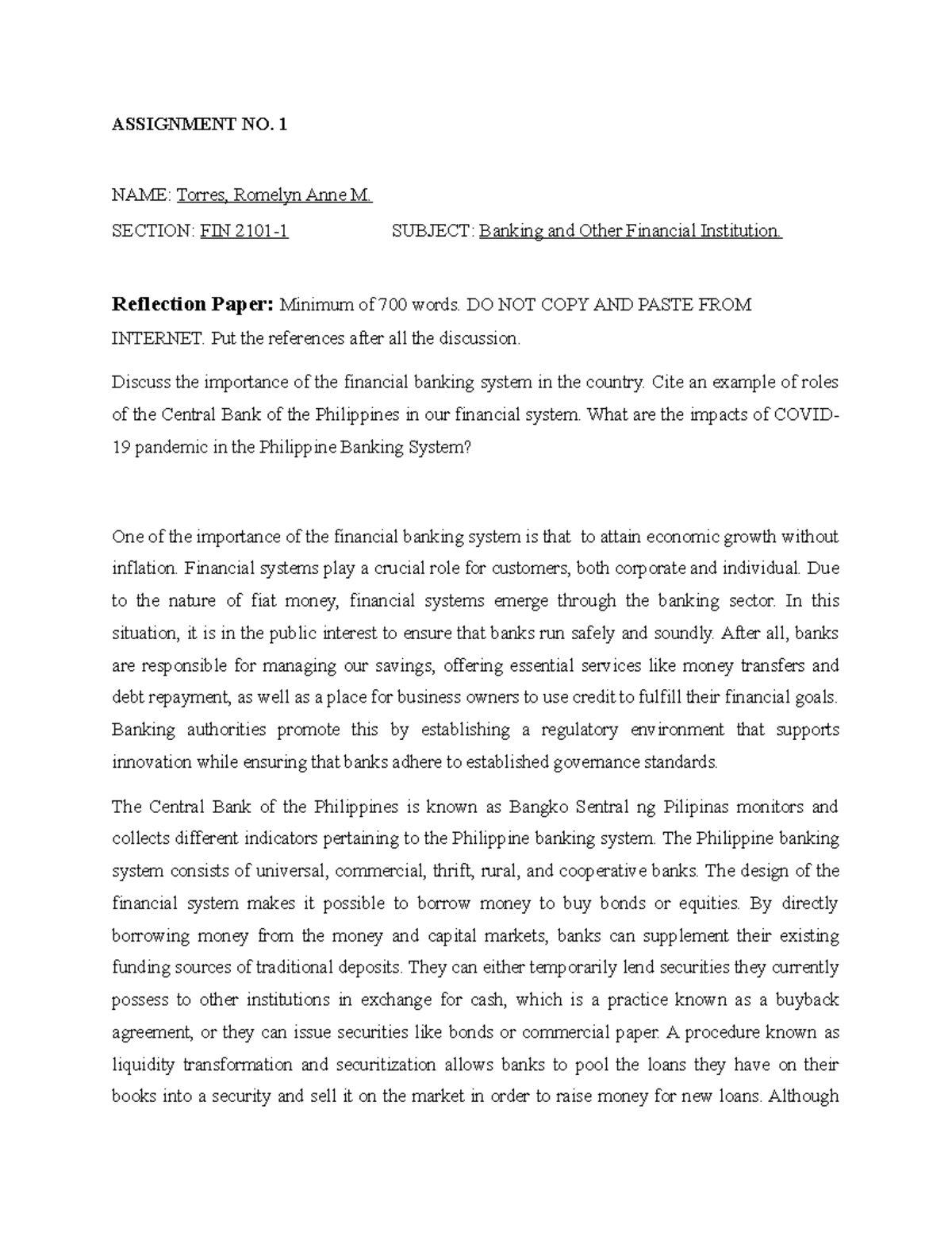 Assignment NO 1 - Financial System in the Philippines - ASSIGNMENT NO ...