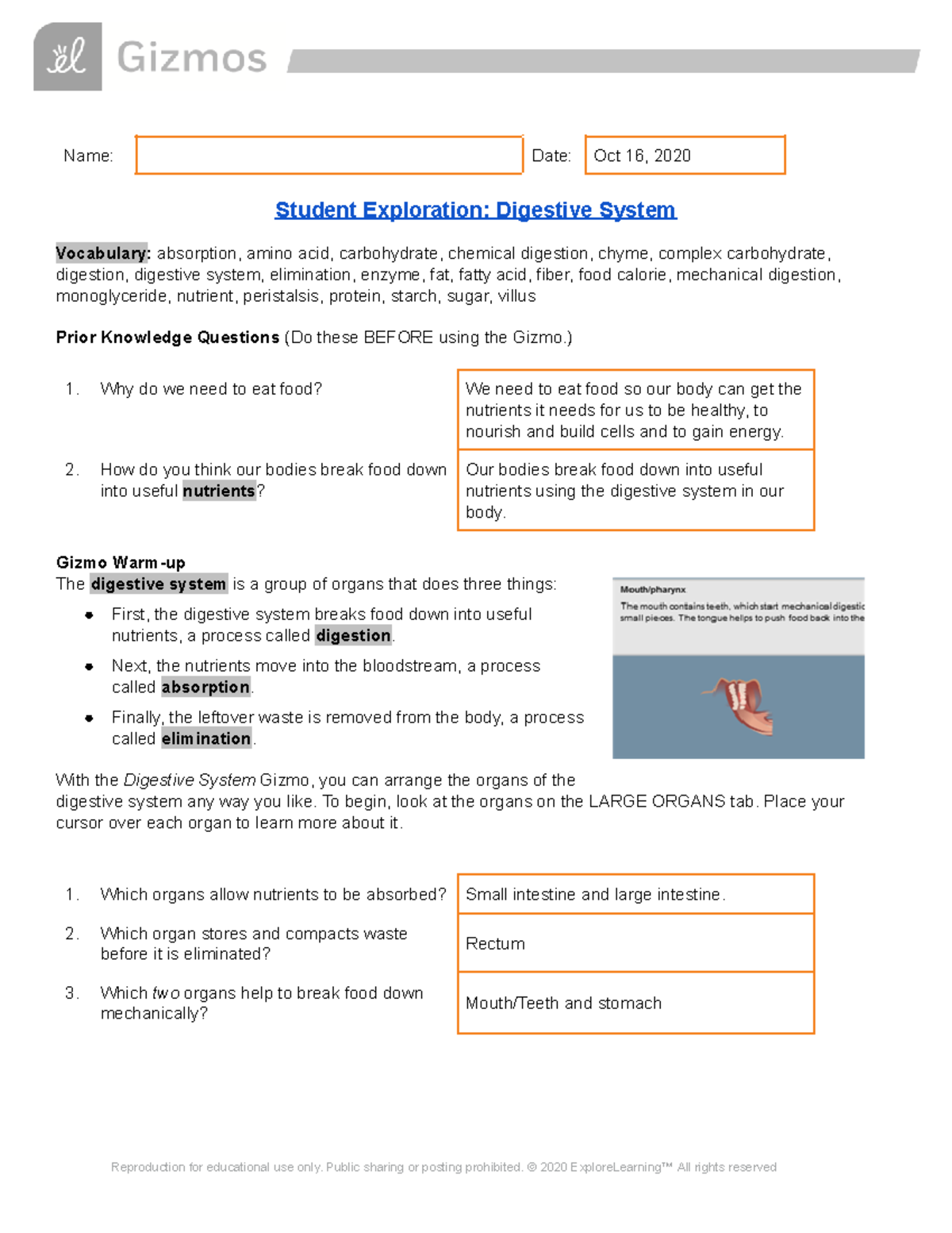 Gizmo - Digestive System - Name: Date: Oct 16, 2020 Student Exploration ...