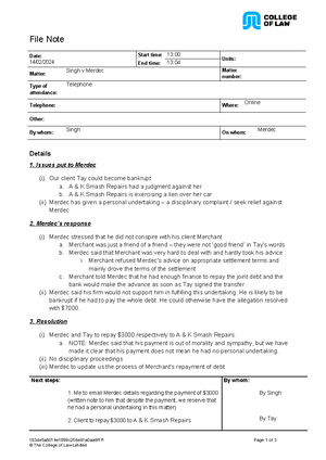 EPR T1 - Submission - A FILE NOTE is a record of a conversation. It is ...